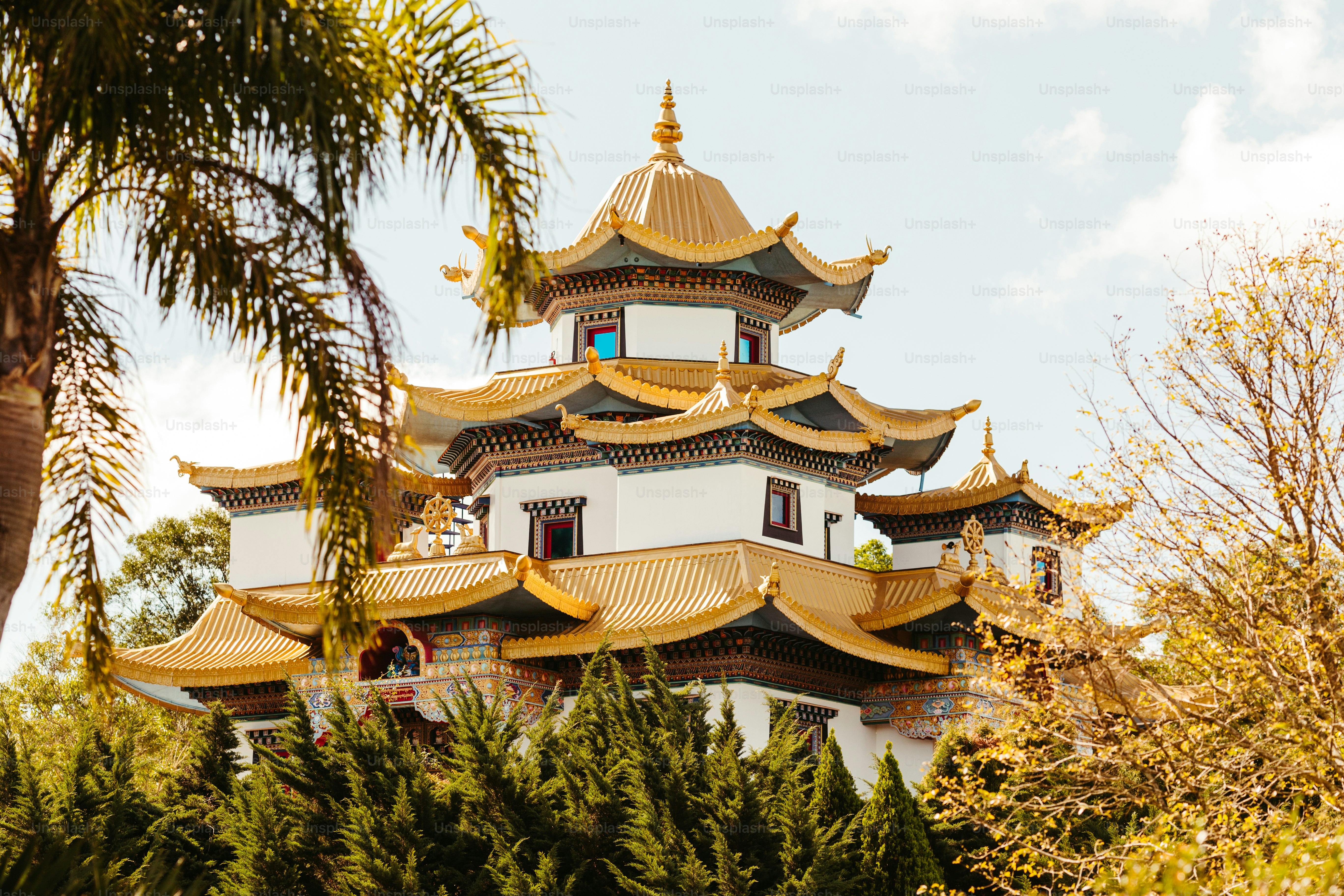 A tall white and gold building surrounded by trees photo – Temple Image ...