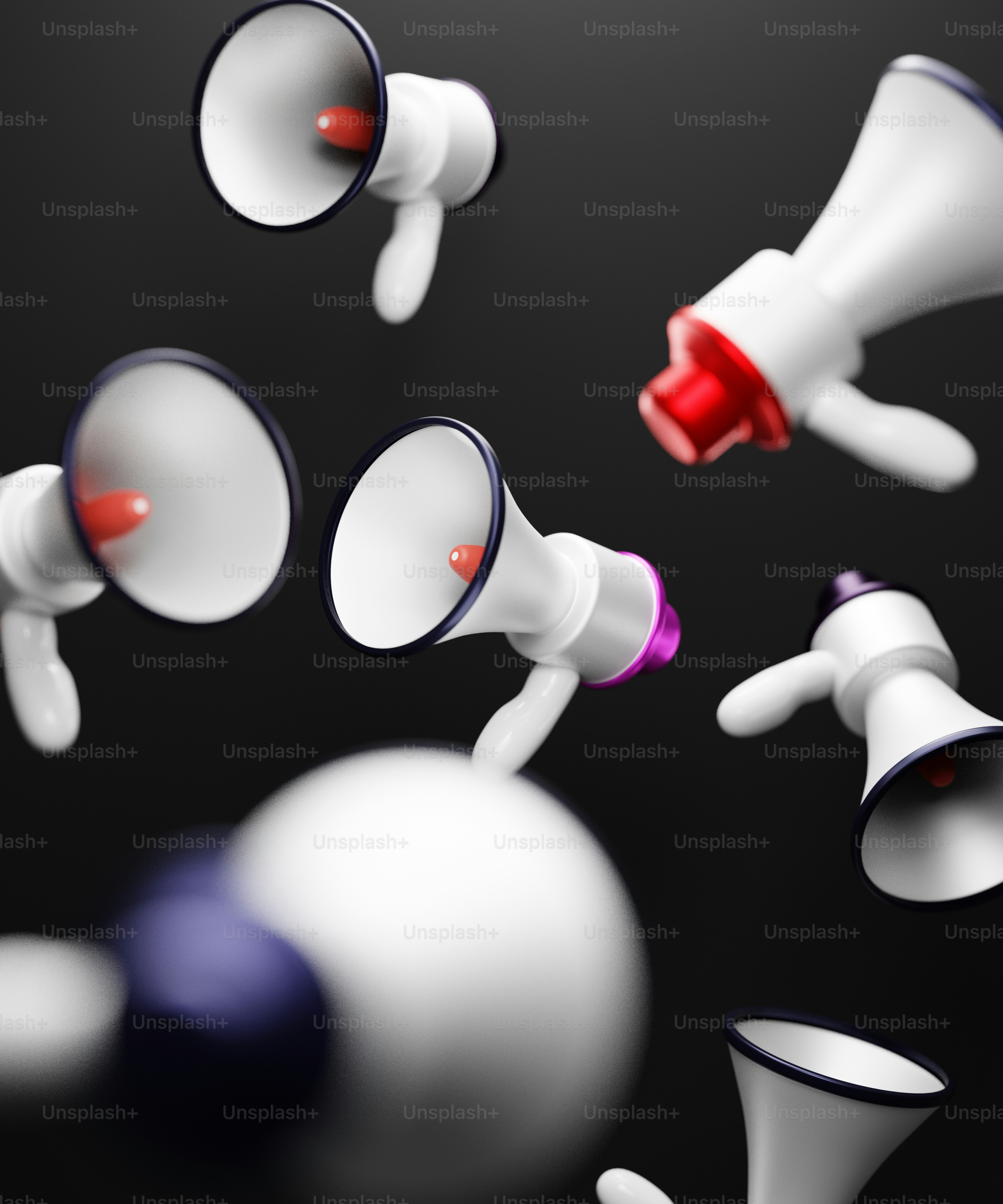 A group of white and red megaphones flying through the air photo ...