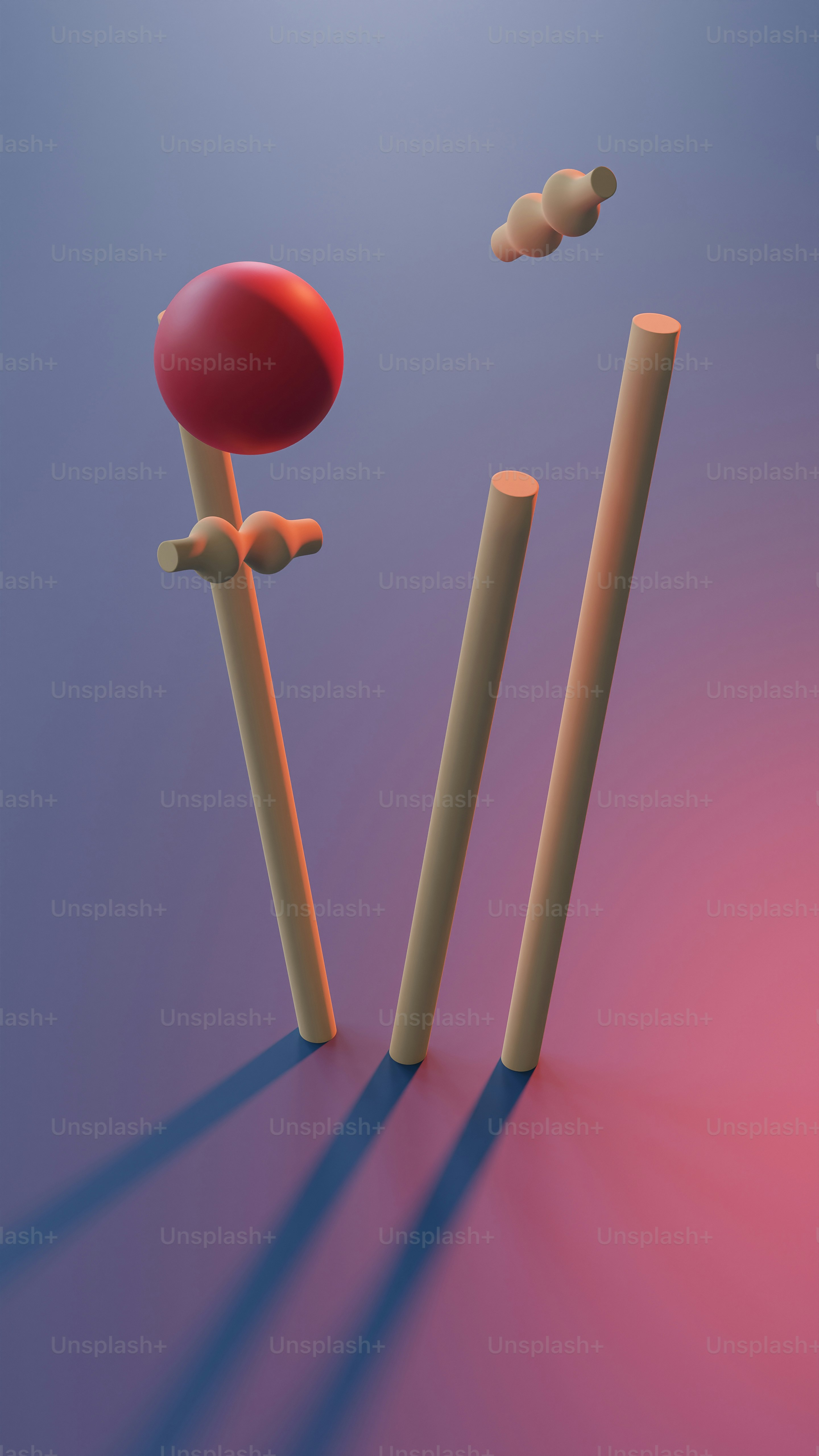 A red object is standing in the middle of three poles photo – Cricket ...