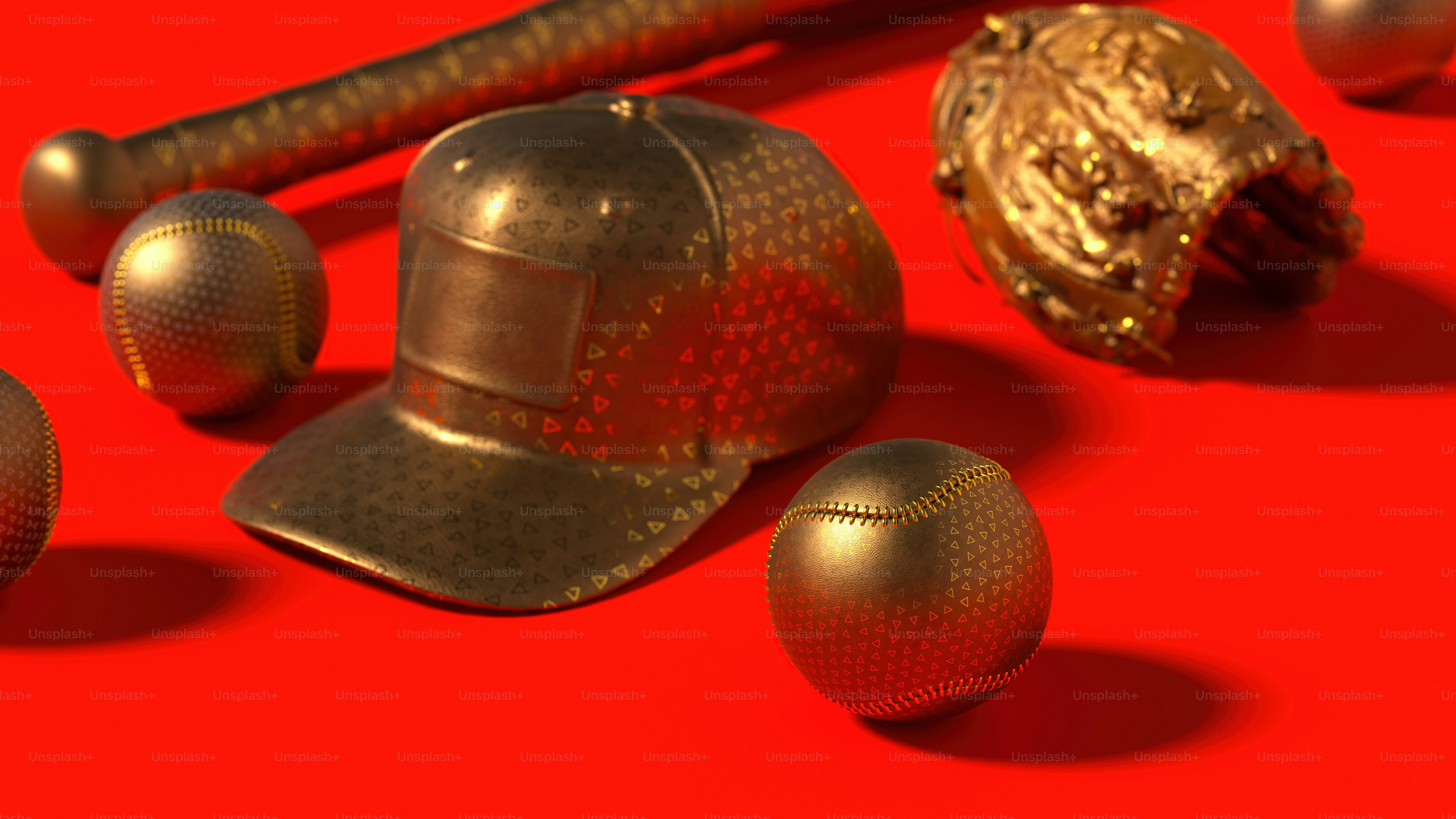 A baseball bat, helmet, and ball on a red background photo – Sports ...