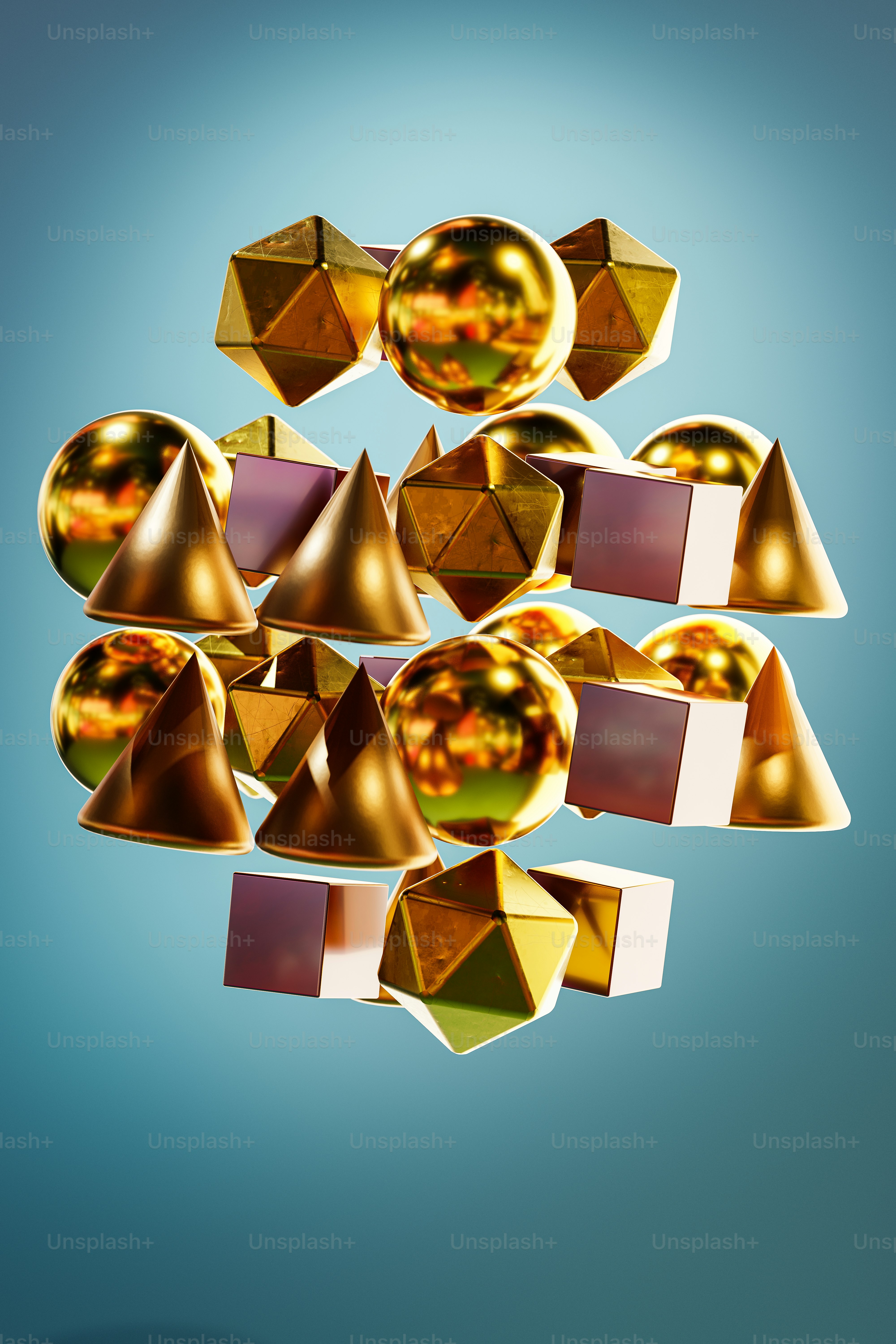 A bunch of shiny objects floating in the air photo – 3d render Image on ...