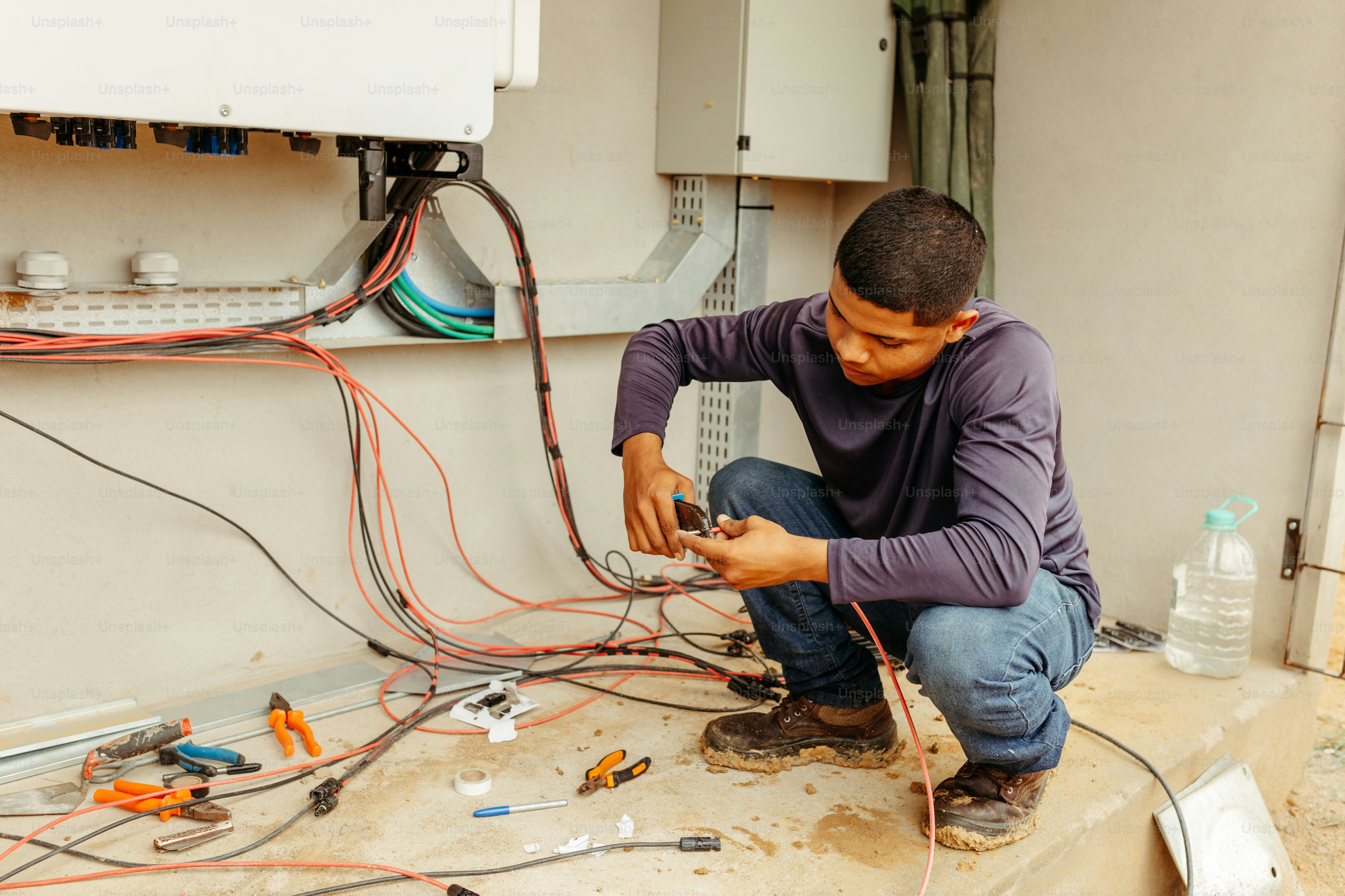 Two men in hard hats and safety vests working on an electrical panel ...