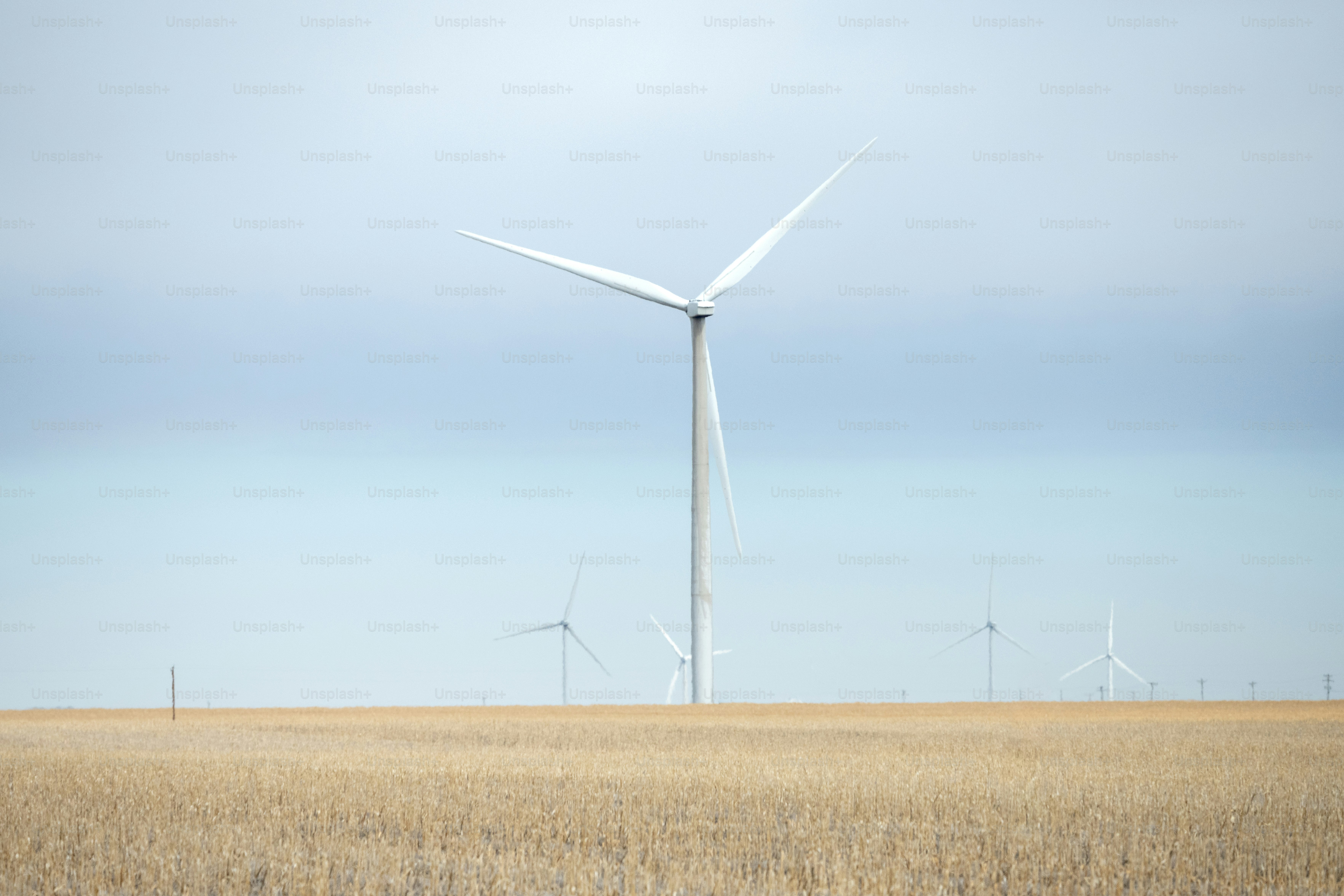 A wind farm with several windmills in the distance photo – Wind power ...