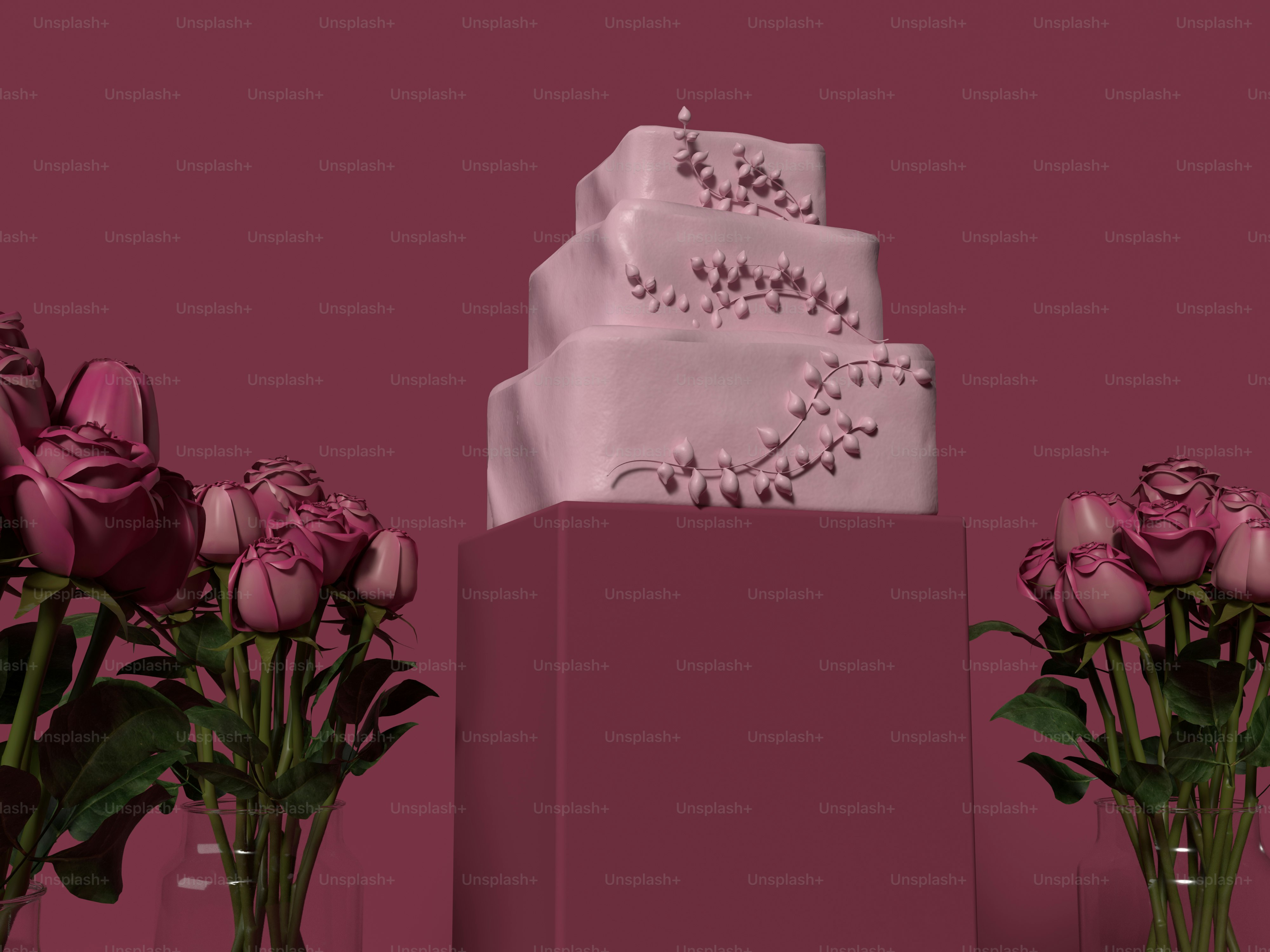 A three tiered cake sitting on top of a table next to vases of photo ...