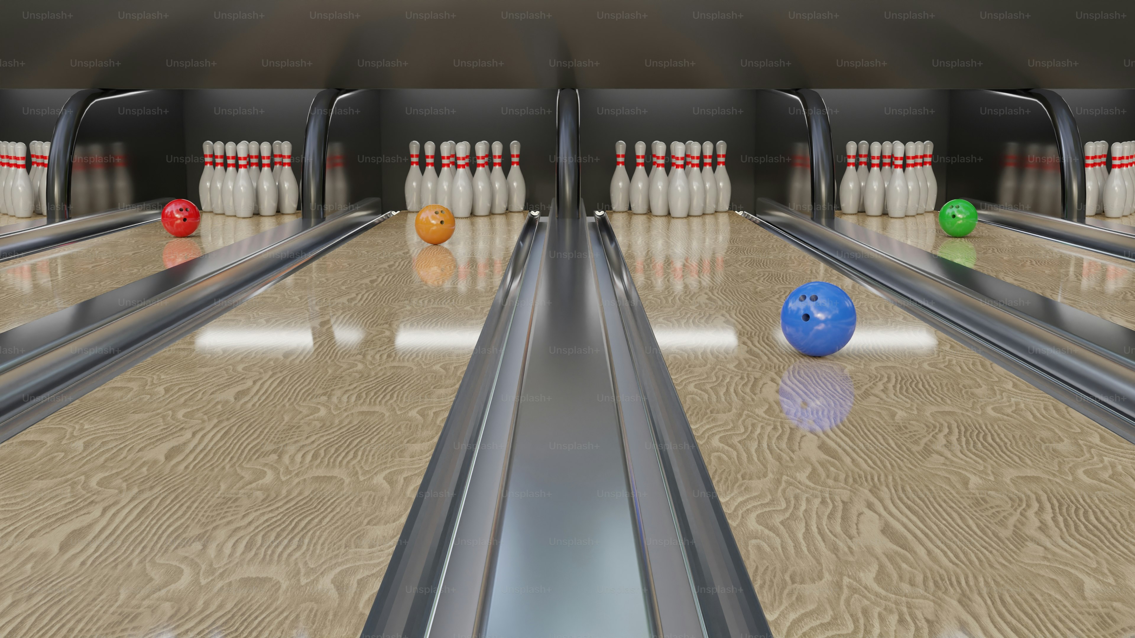 Une piste de bowling remplie de boules de bowling et d’quilles de ...