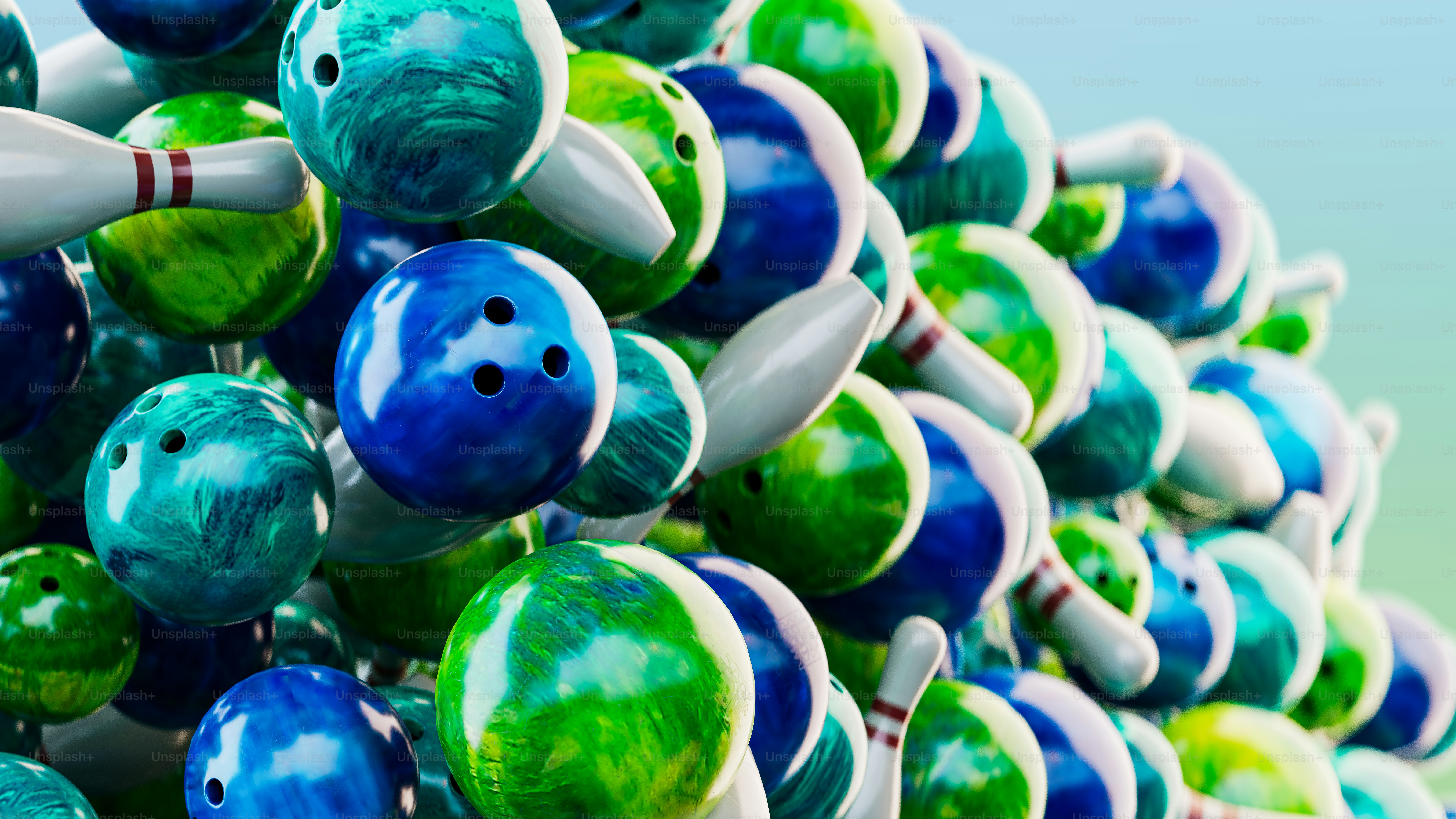A bunch of bowling pins stacked on top of each other photo – Bowling ...