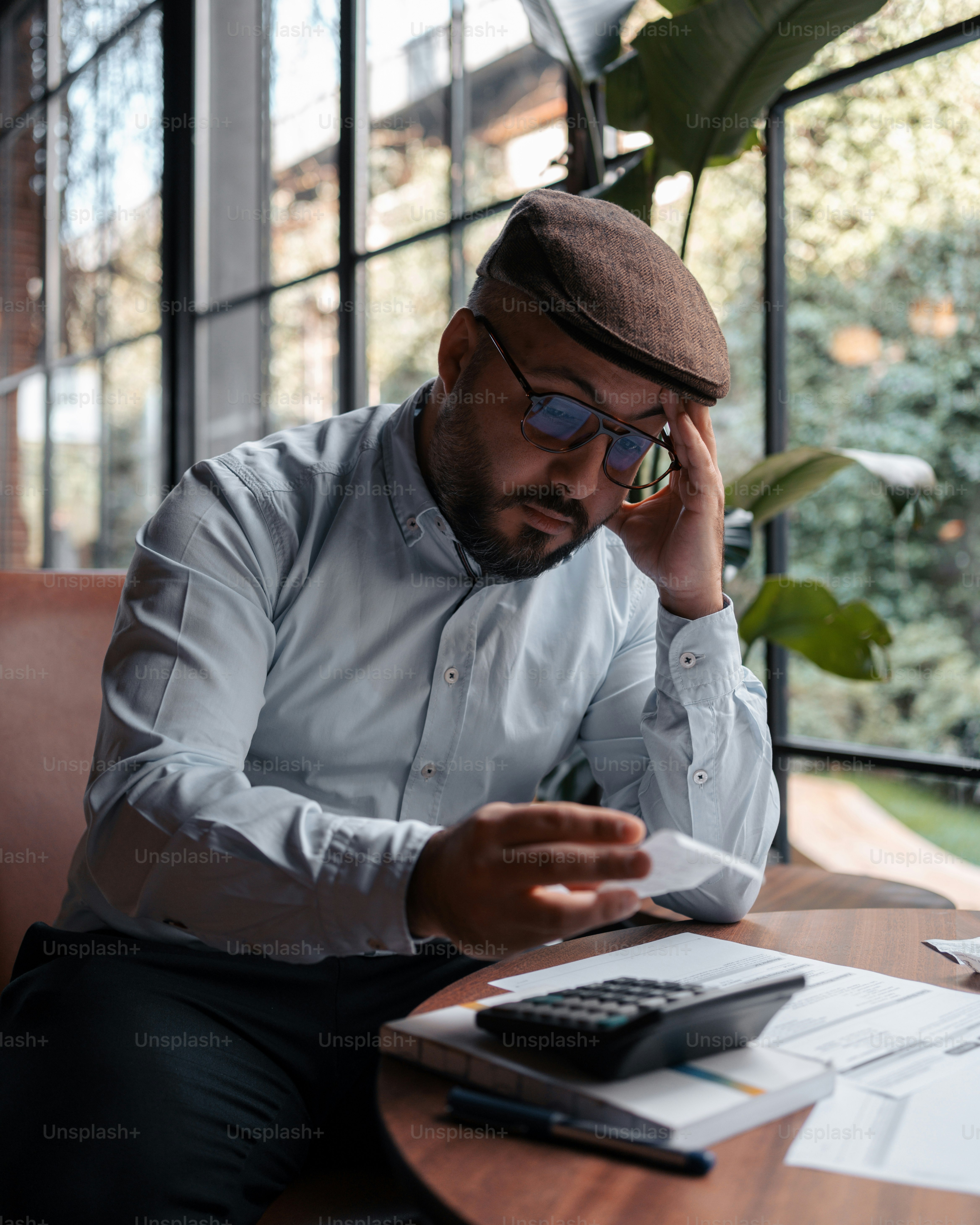 A man sitting at a table with a calculator photo – Finances Image on ...