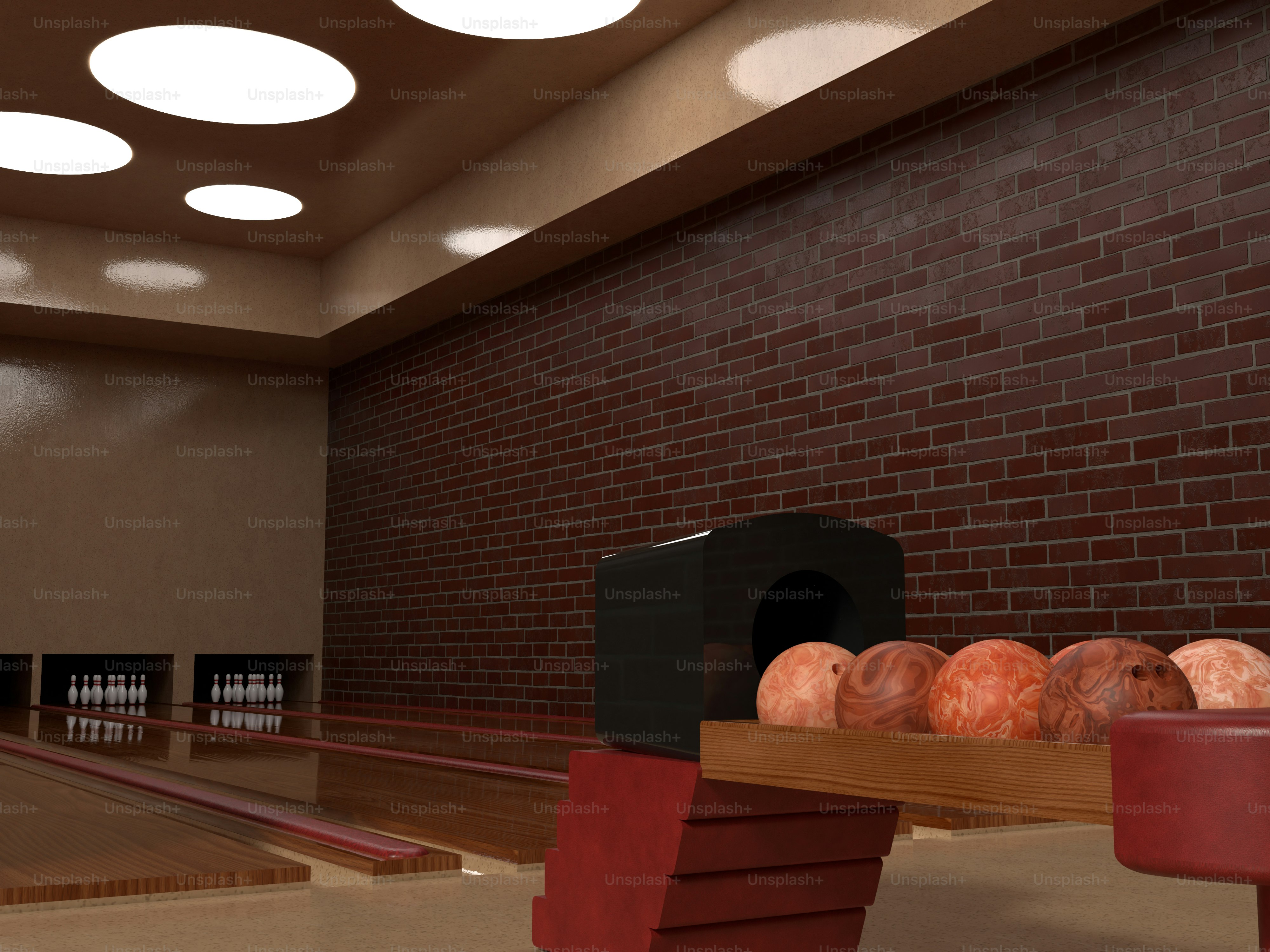 A bowling alley with bowling balls on the floor photo – Bowling Image ...