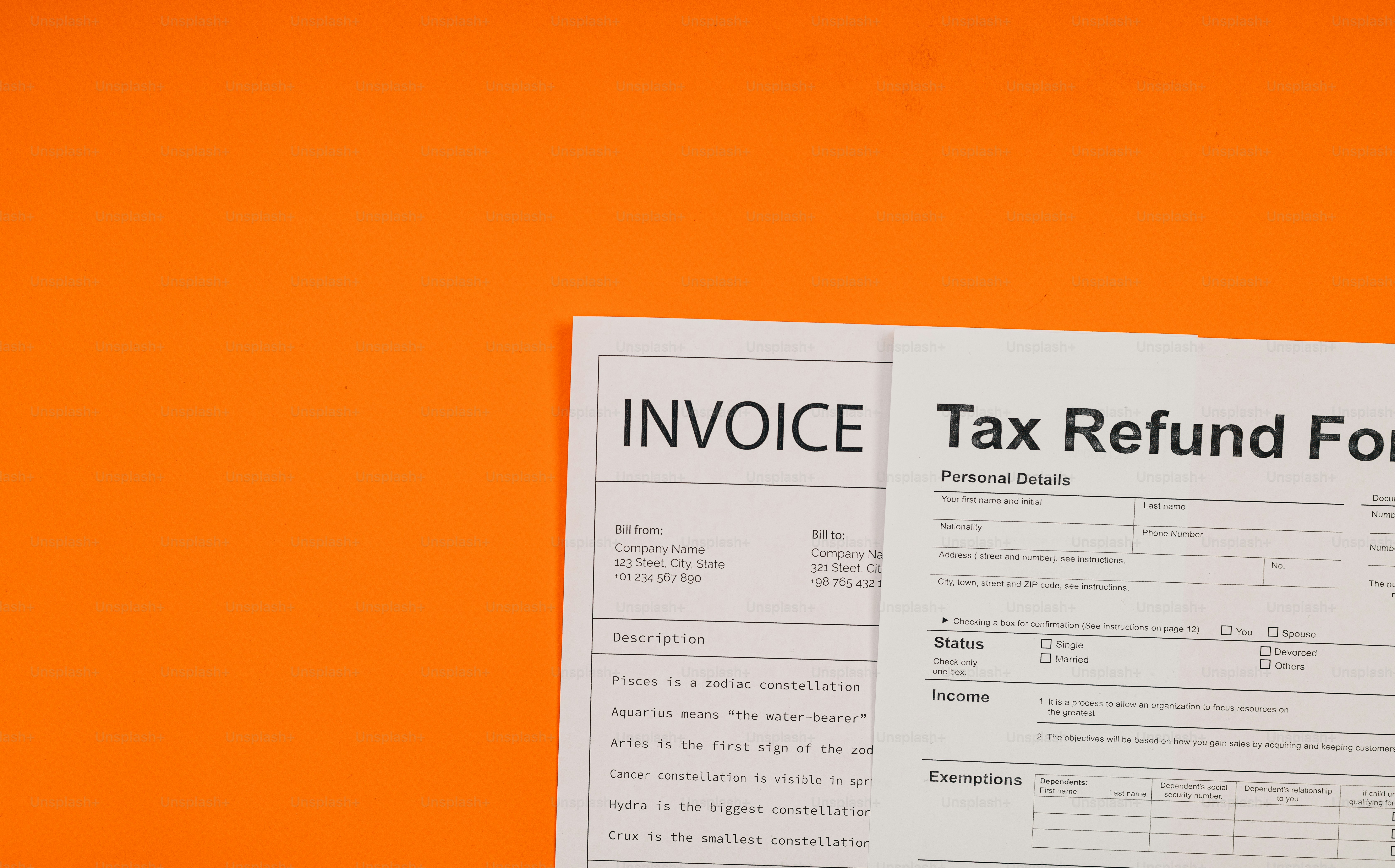 A pair of tax refund forms on an orange background photo – Invoice ...