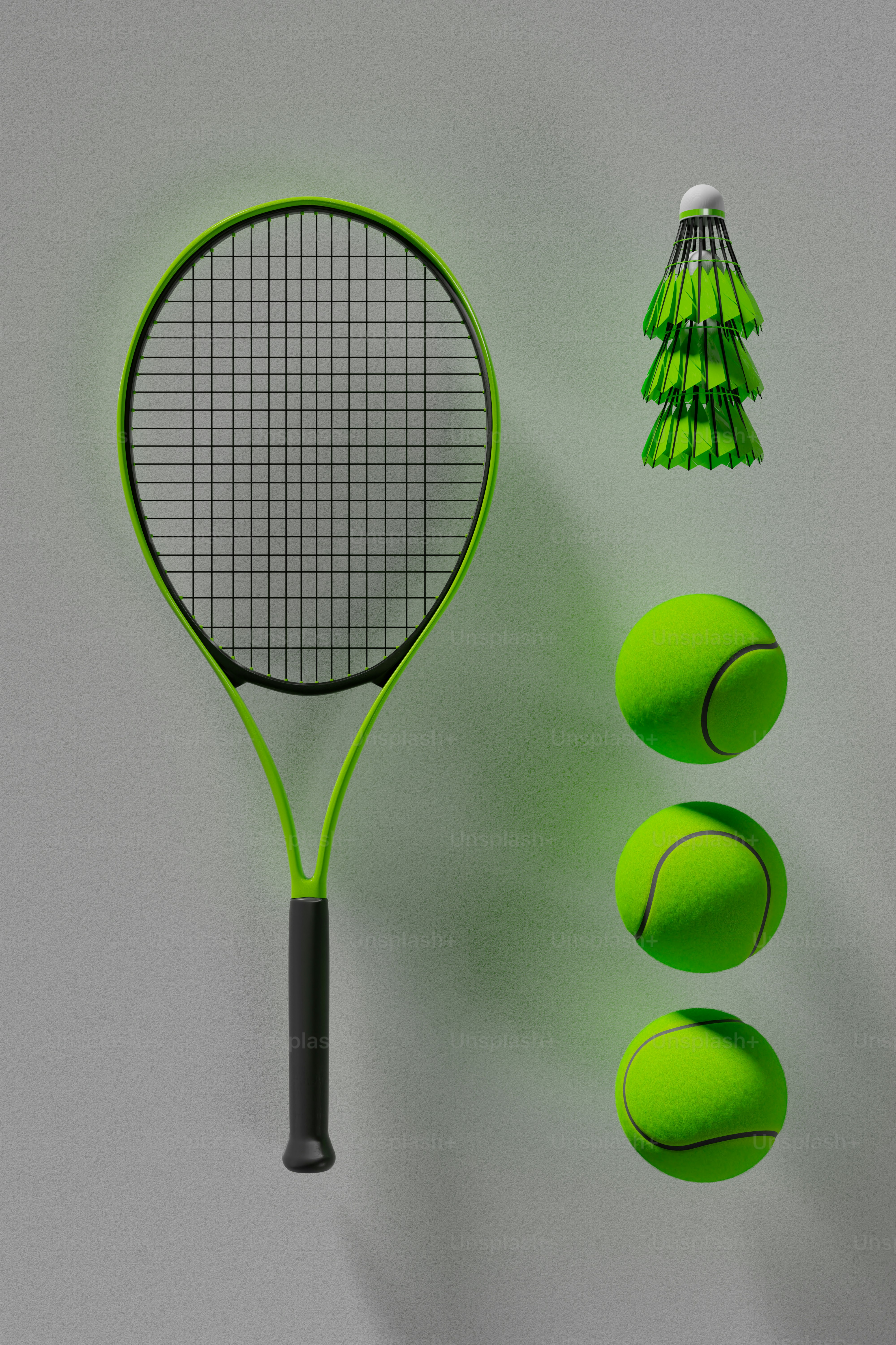 A green tennis racket and three green balls photo – Tennis balls Image ...