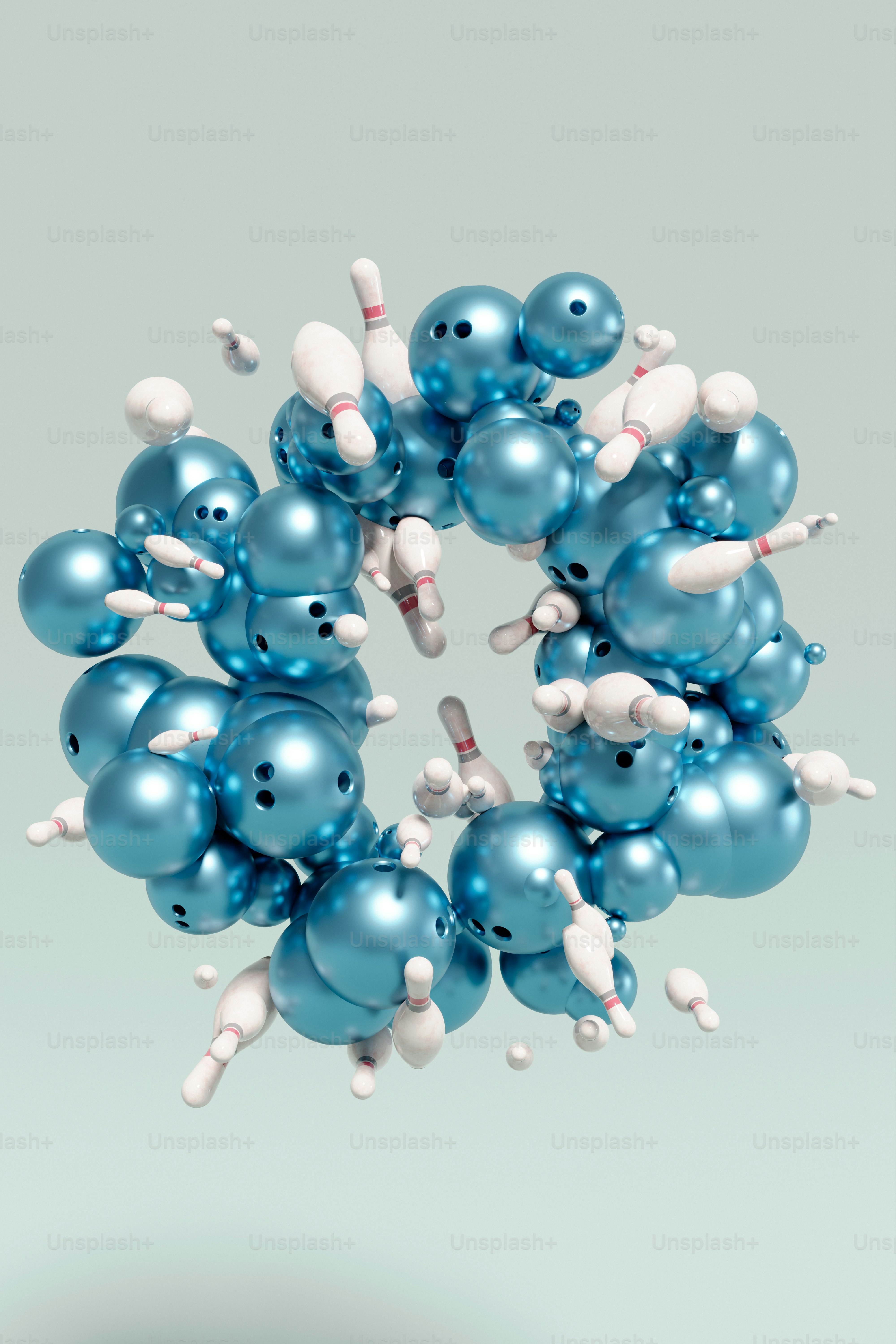 A bunch of blue and white balloons floating in the air photo – Ten pin ...