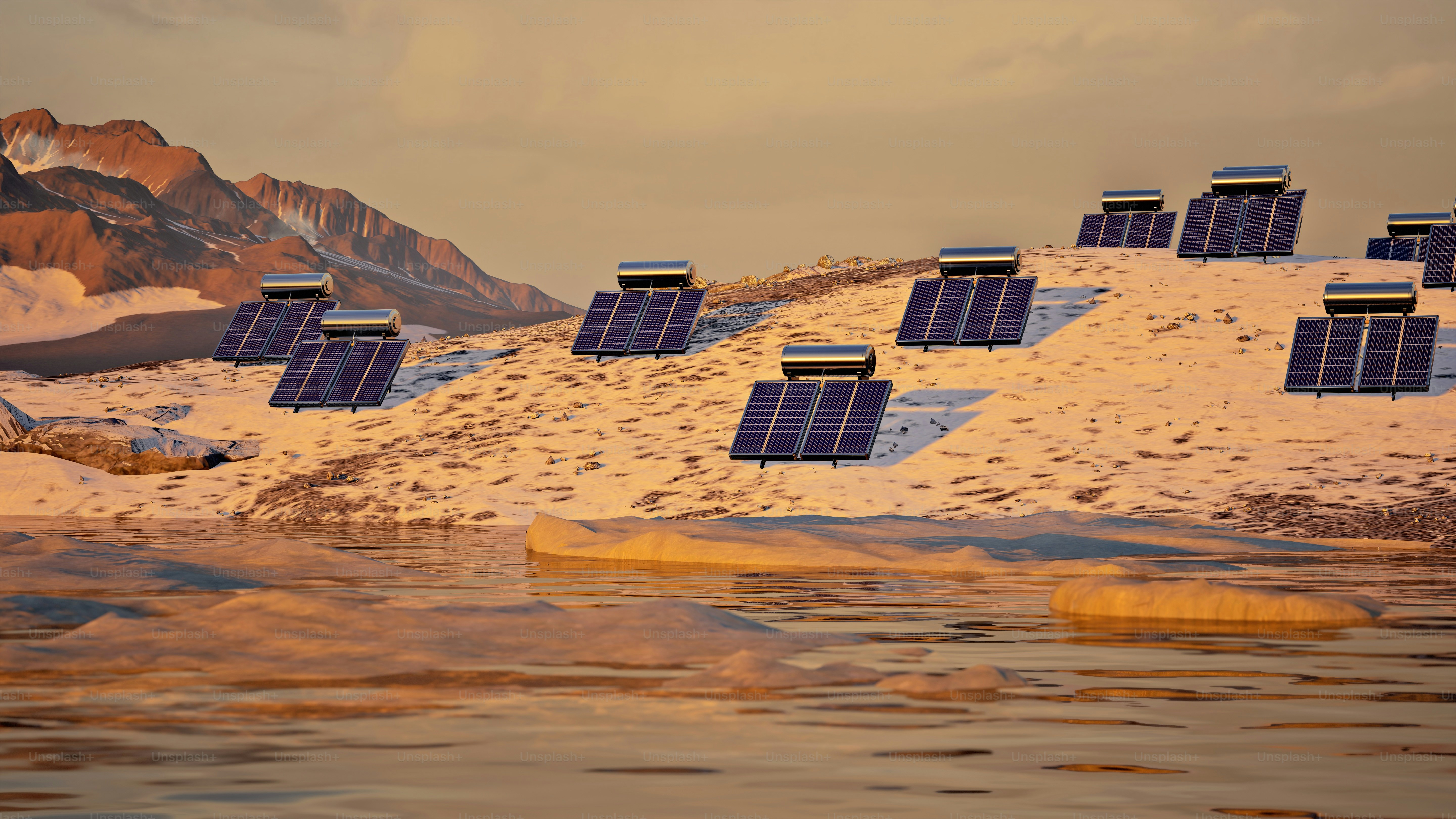 A bunch of solar panels sitting on top of a snow covered hill photo ...