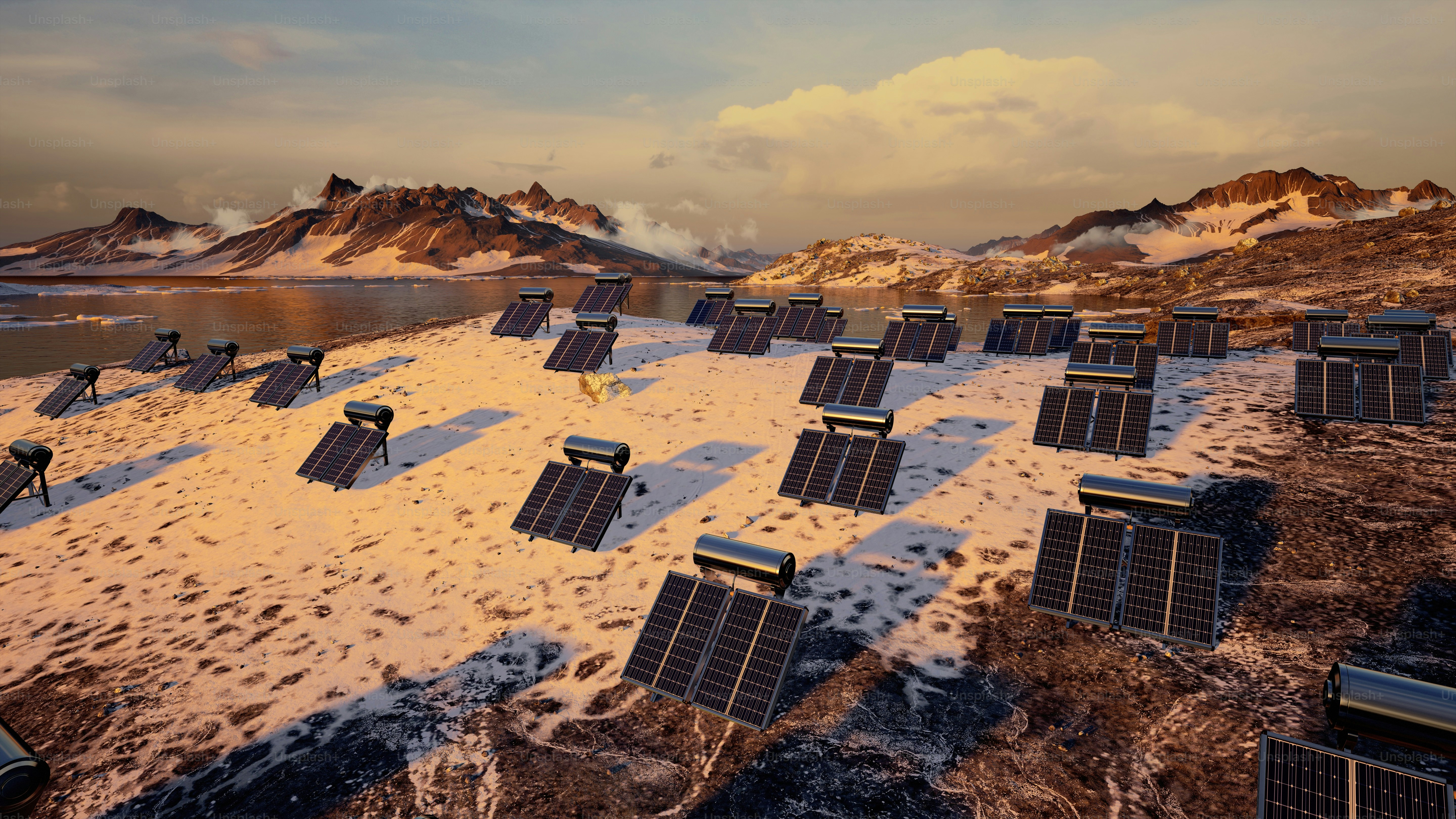 A group of solar panels sitting on top of a sandy beach photo – Solar ...