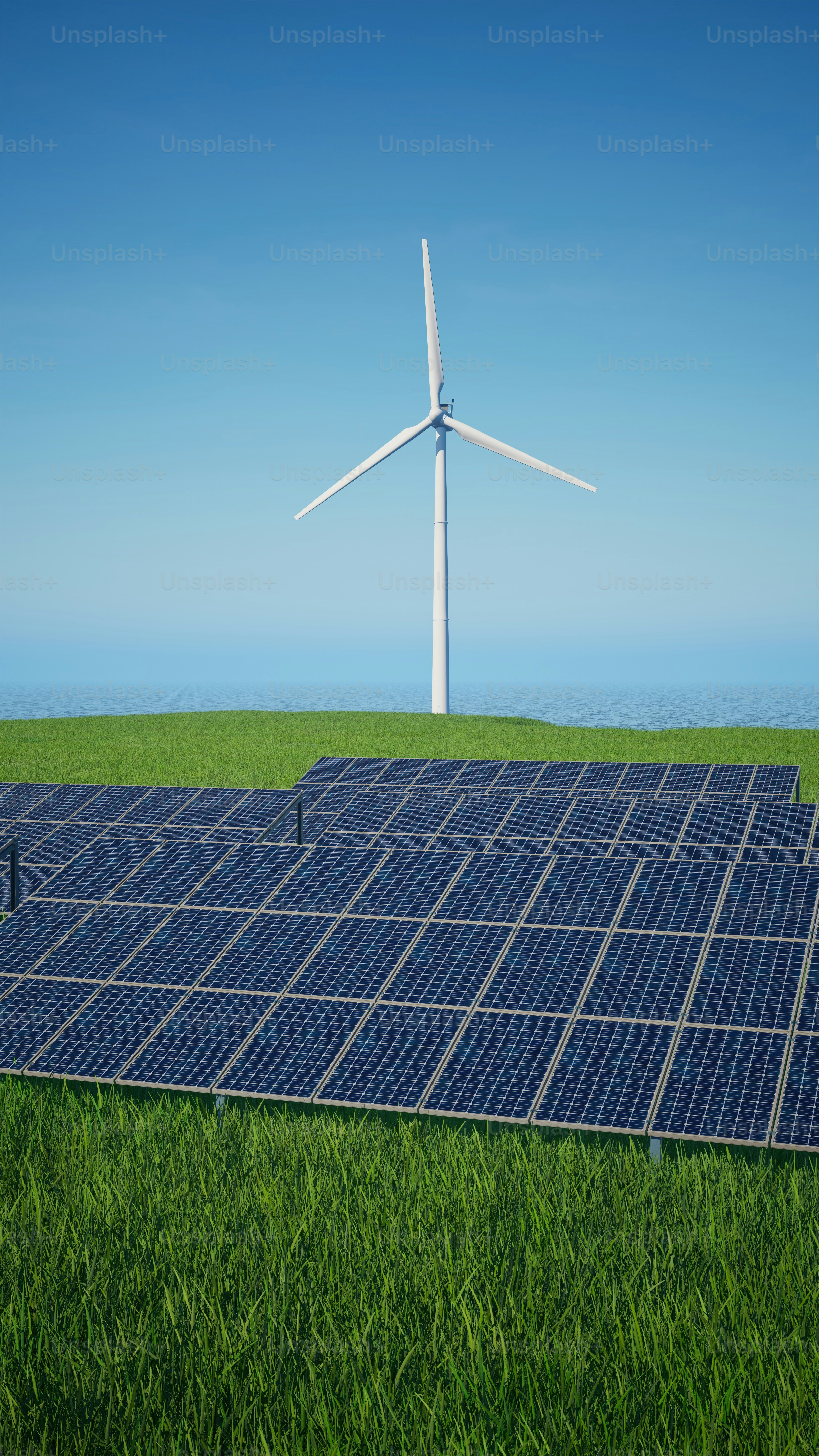 A solar panel with wind turbines in the background photo – Solar pv ...