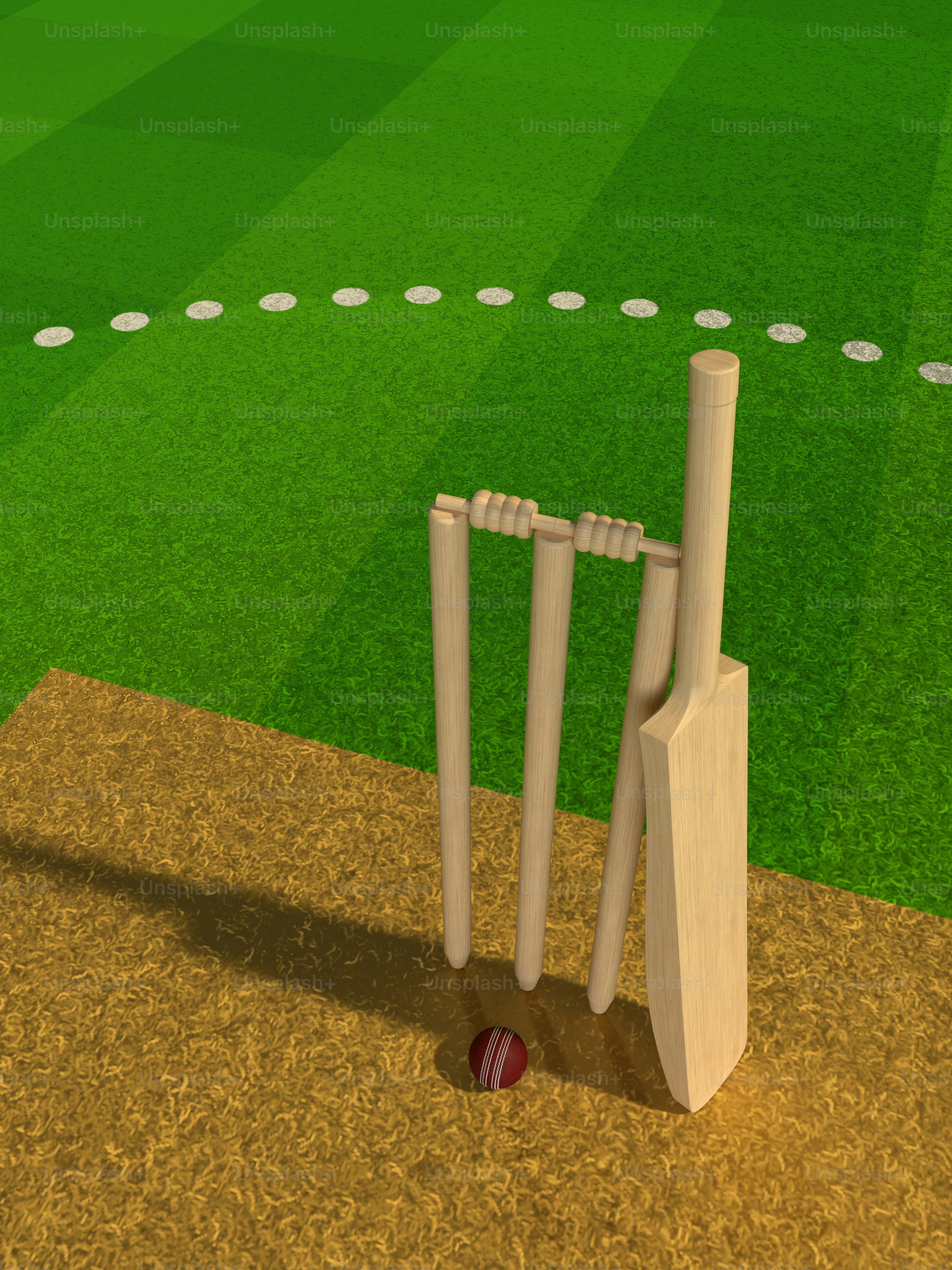 A 3d image of a cricket field with a bat and ball photo – Cricket Image ...