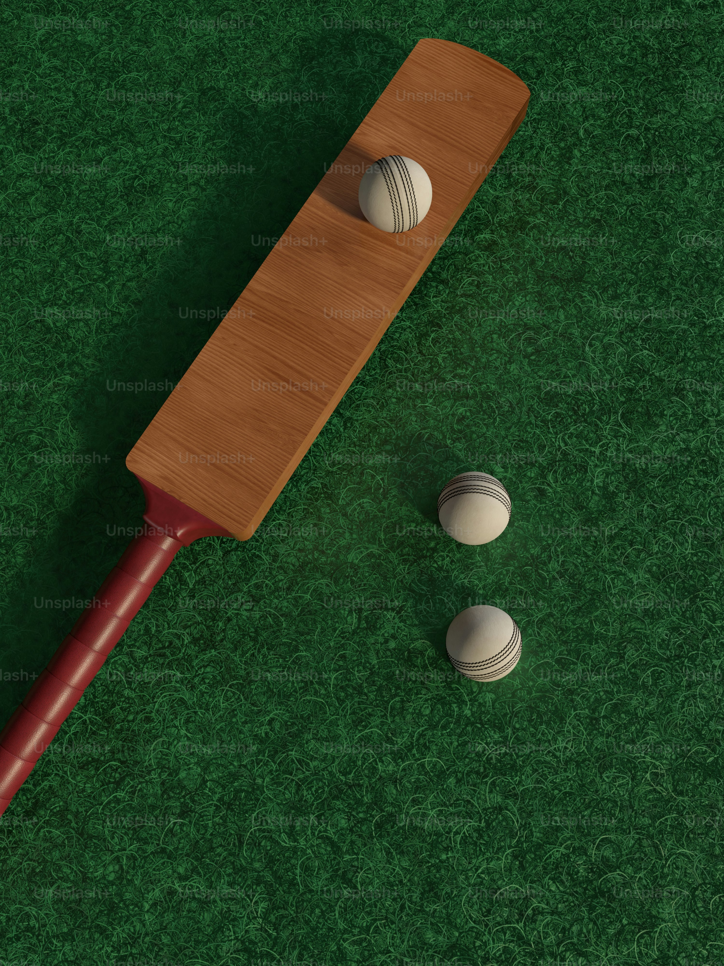 A wooden paddle and two white balls on a green surface photo – Cricket ...