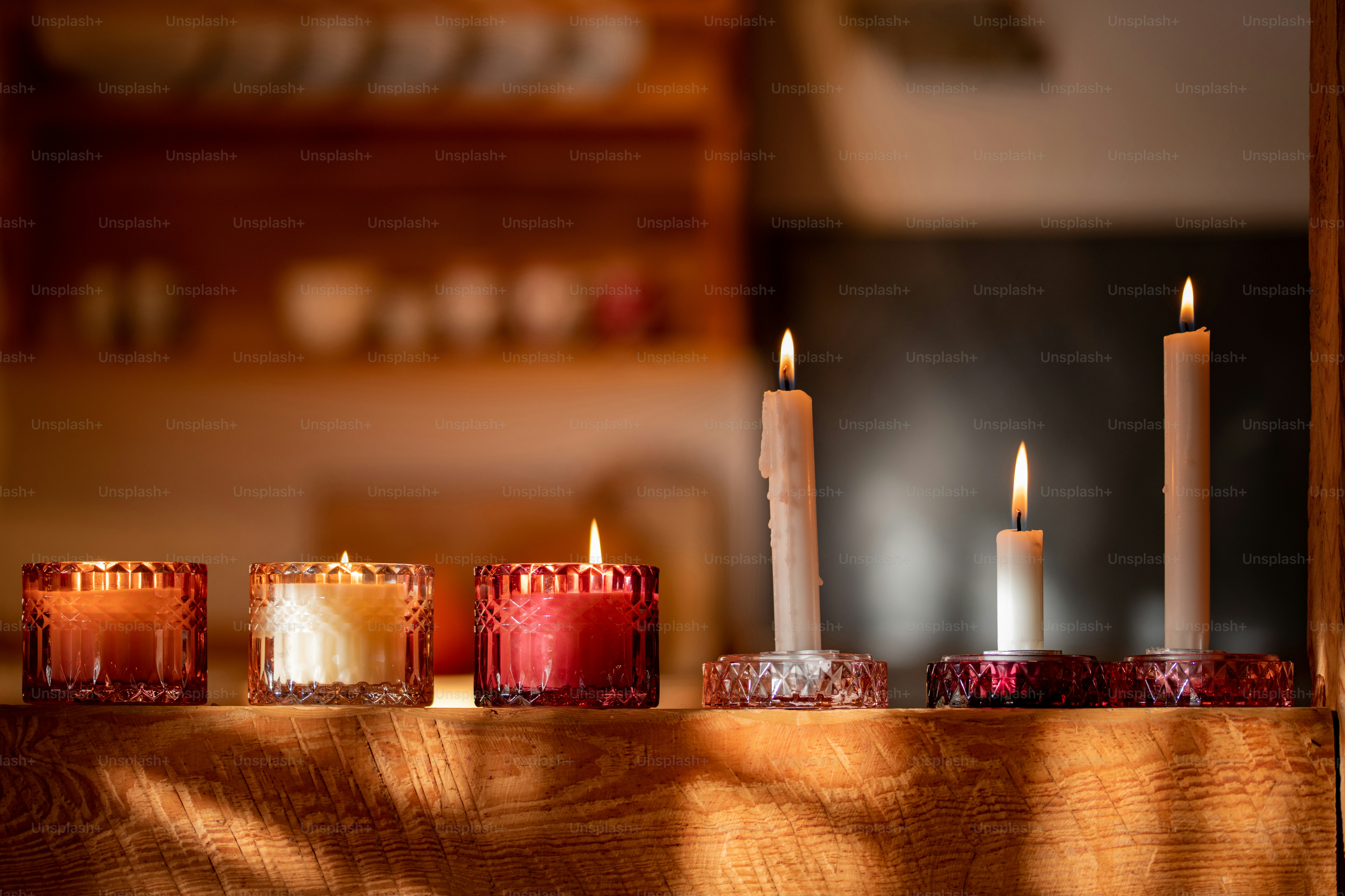 A wooden table with candles on top of it photo – Wooden table Image on ...