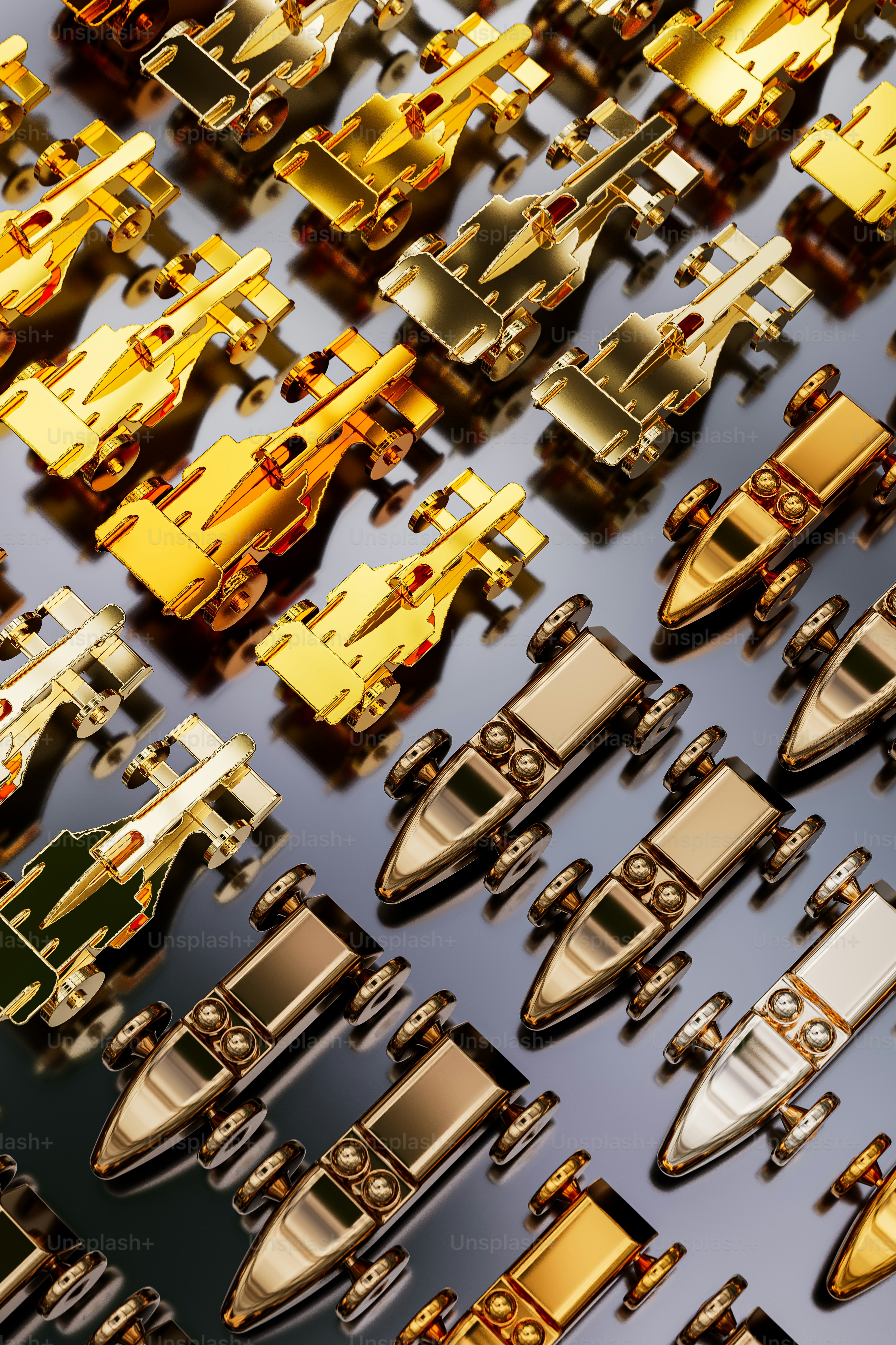A bunch of gold airplanes flying in the sky photo – 3d render Image on ...