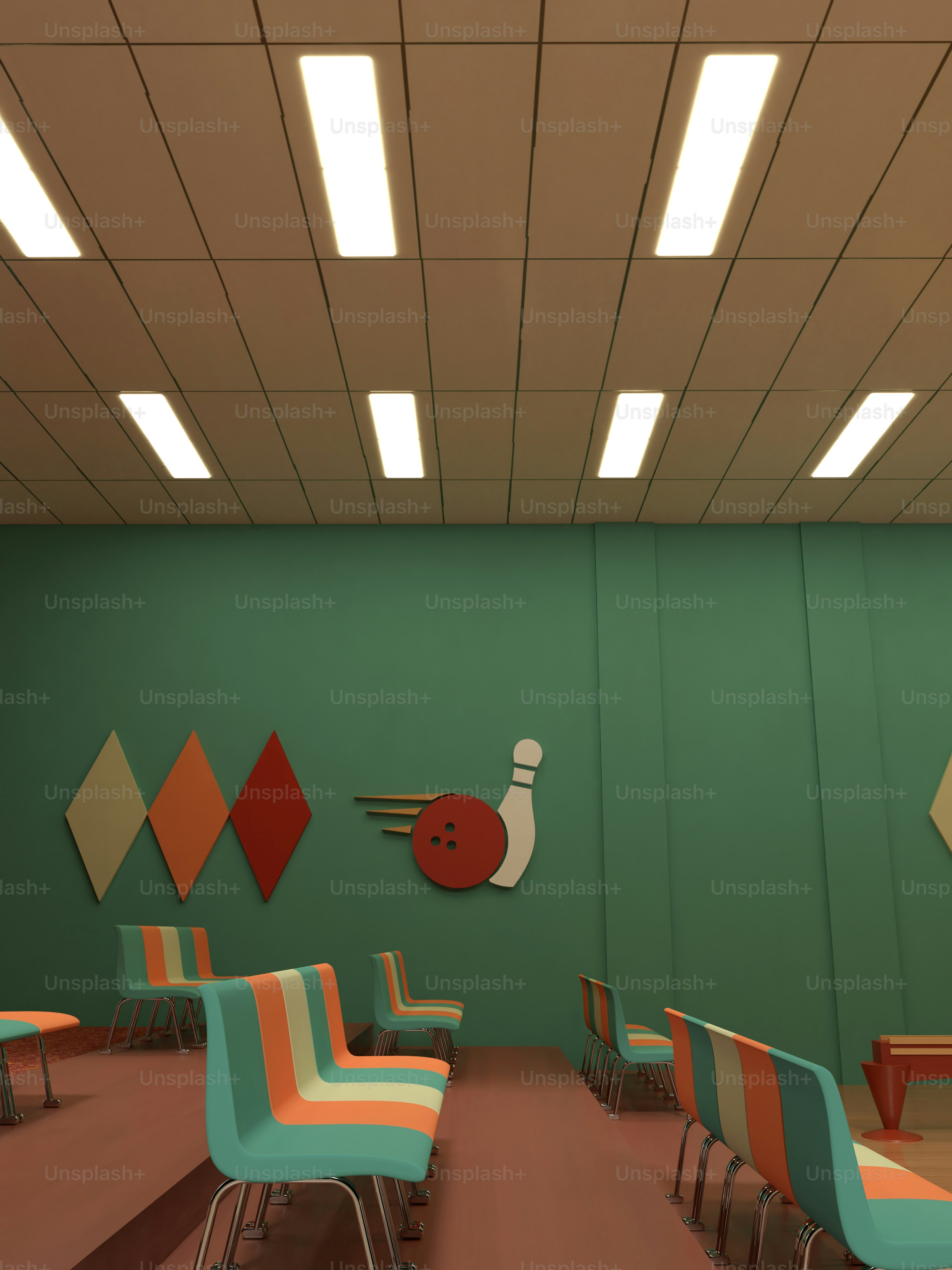 A room with chairs and a bowling ball on the wall photo – Bowling Image ...