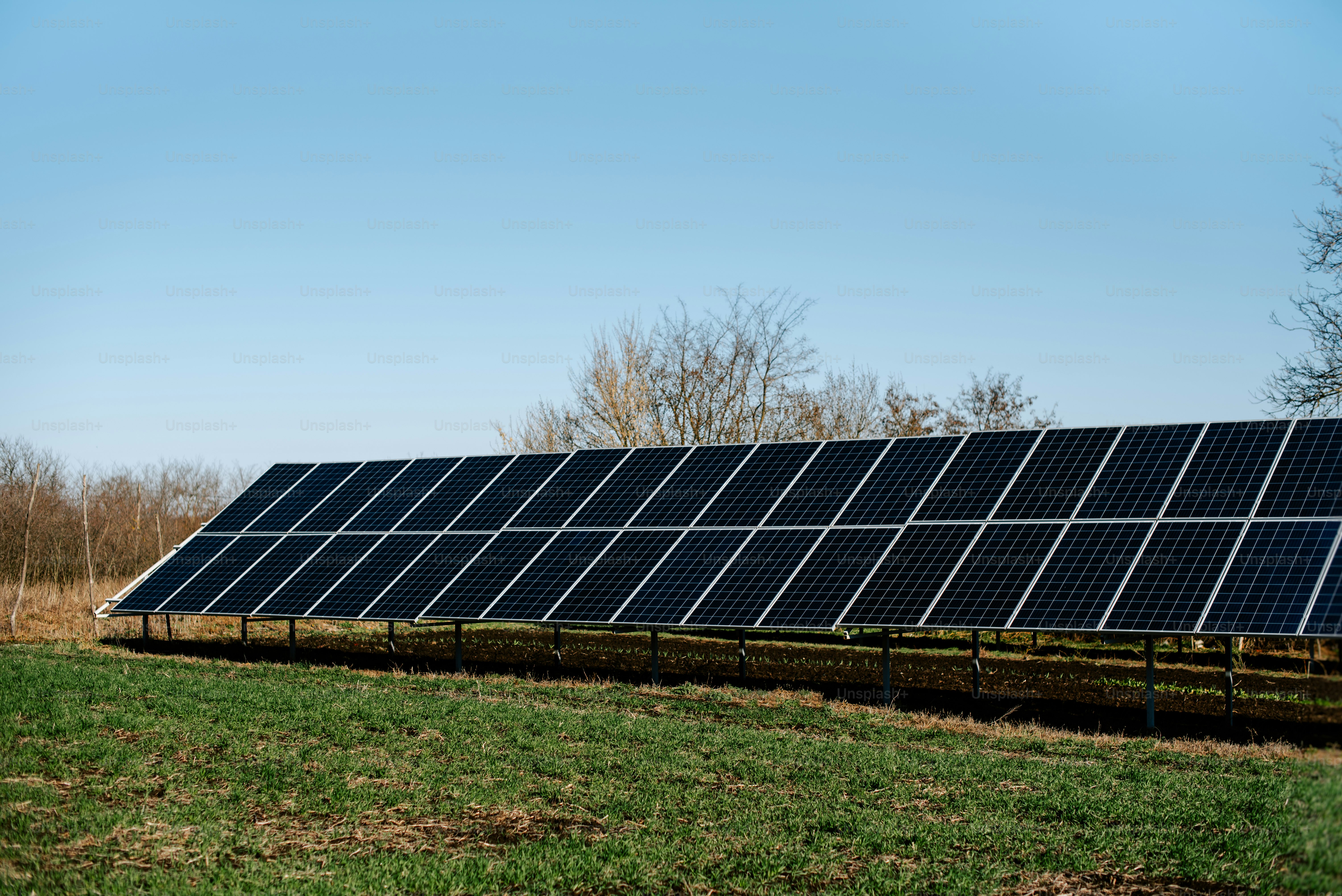 A row of solar panels sitting on top of a field photo – Solar module ...