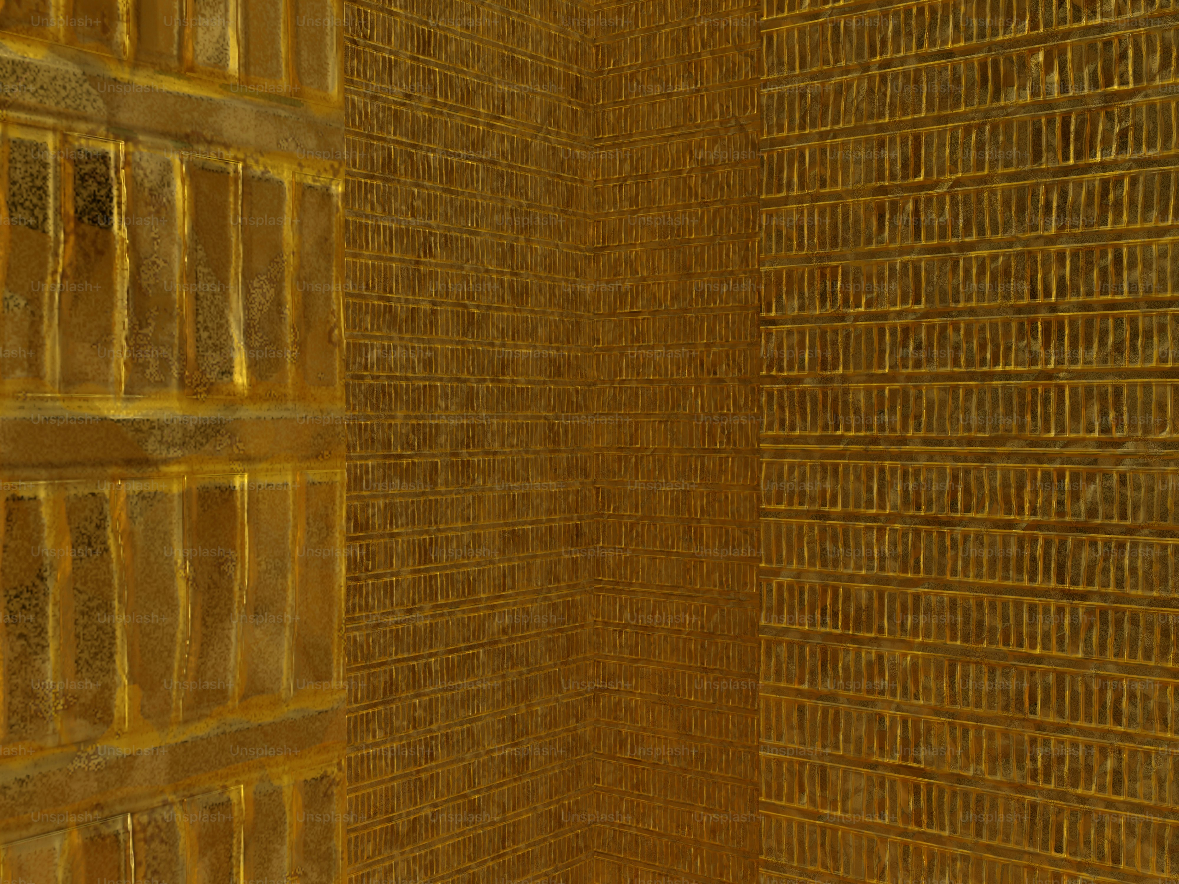 A gold tiled wall with a bench in front of it photo – Wallpaper Image ...