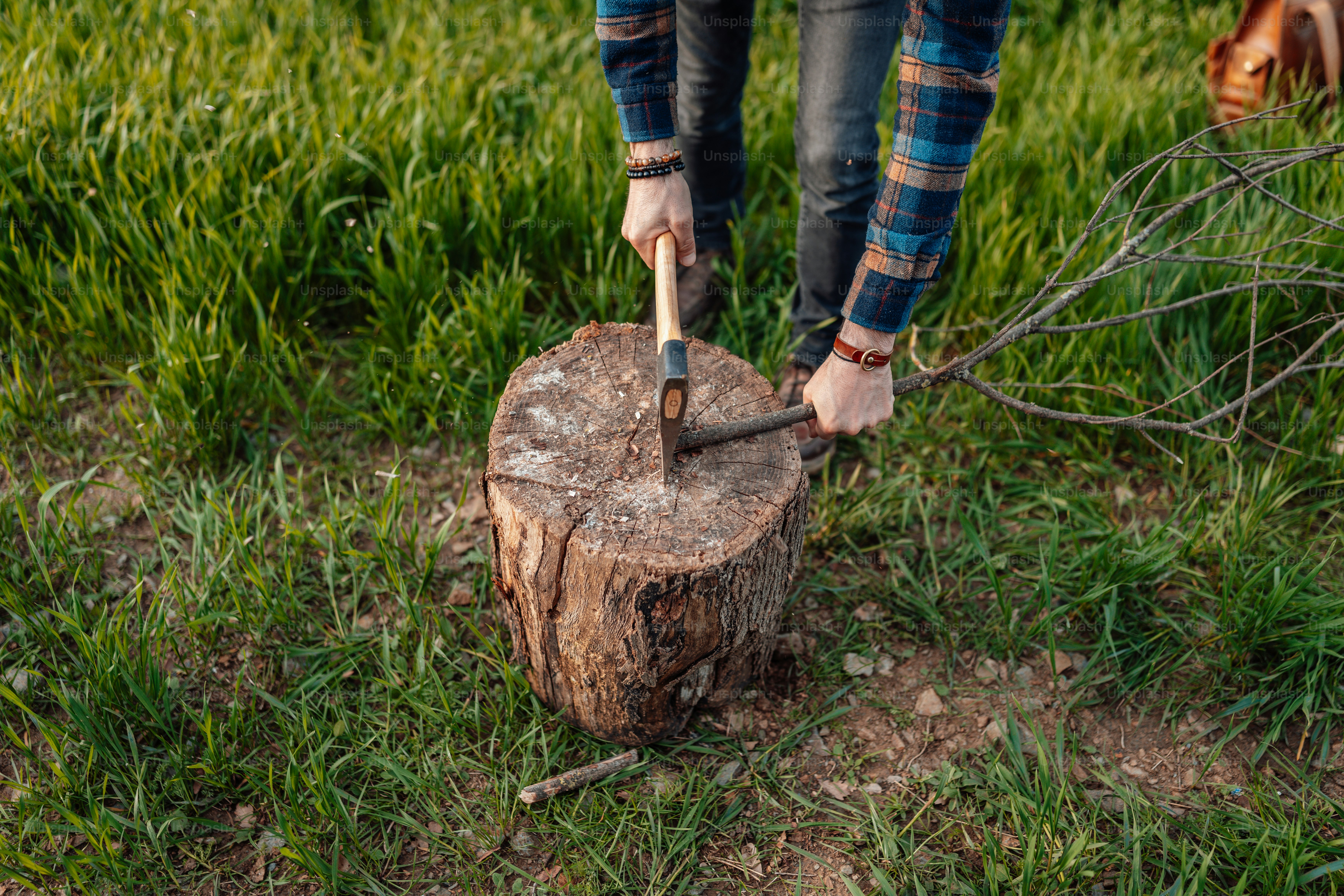 A person is holding a large axe over a tree stump photo – Gümüştepe ...