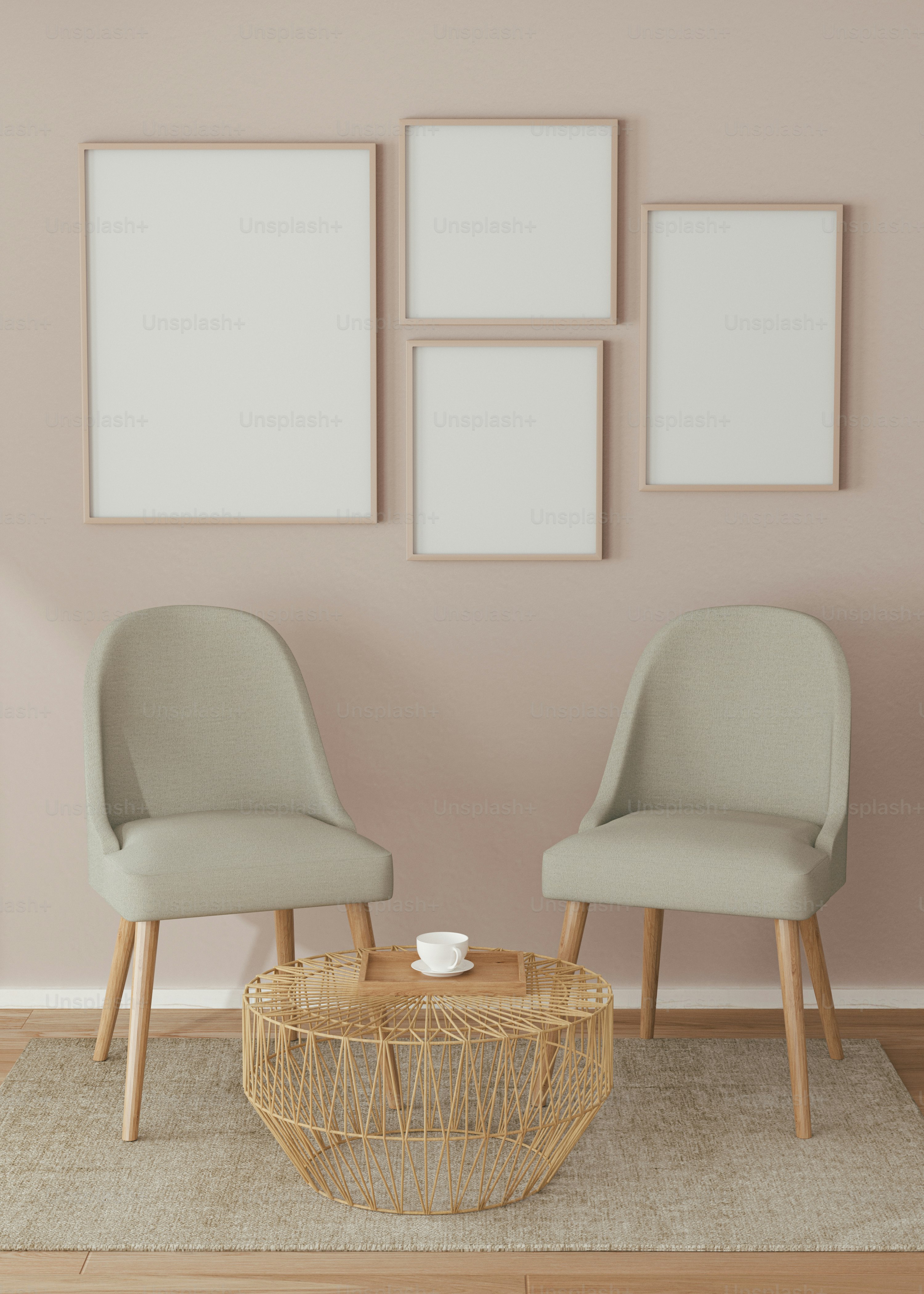 A chair in a room with a picture frame on the wall photo – Wall art ...