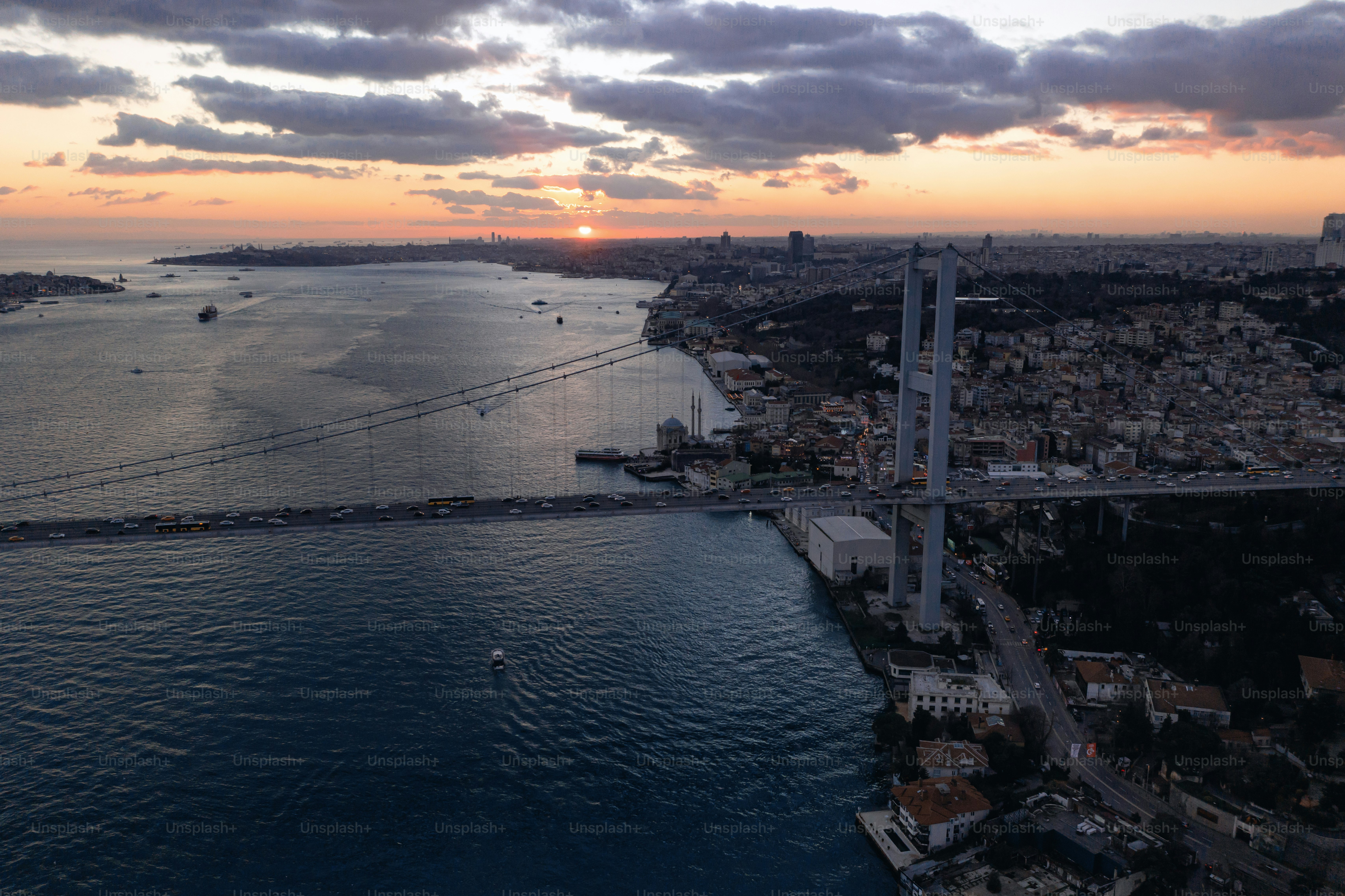 An aerial view of a bridge over a body of water photo – Bridge Image on ...
