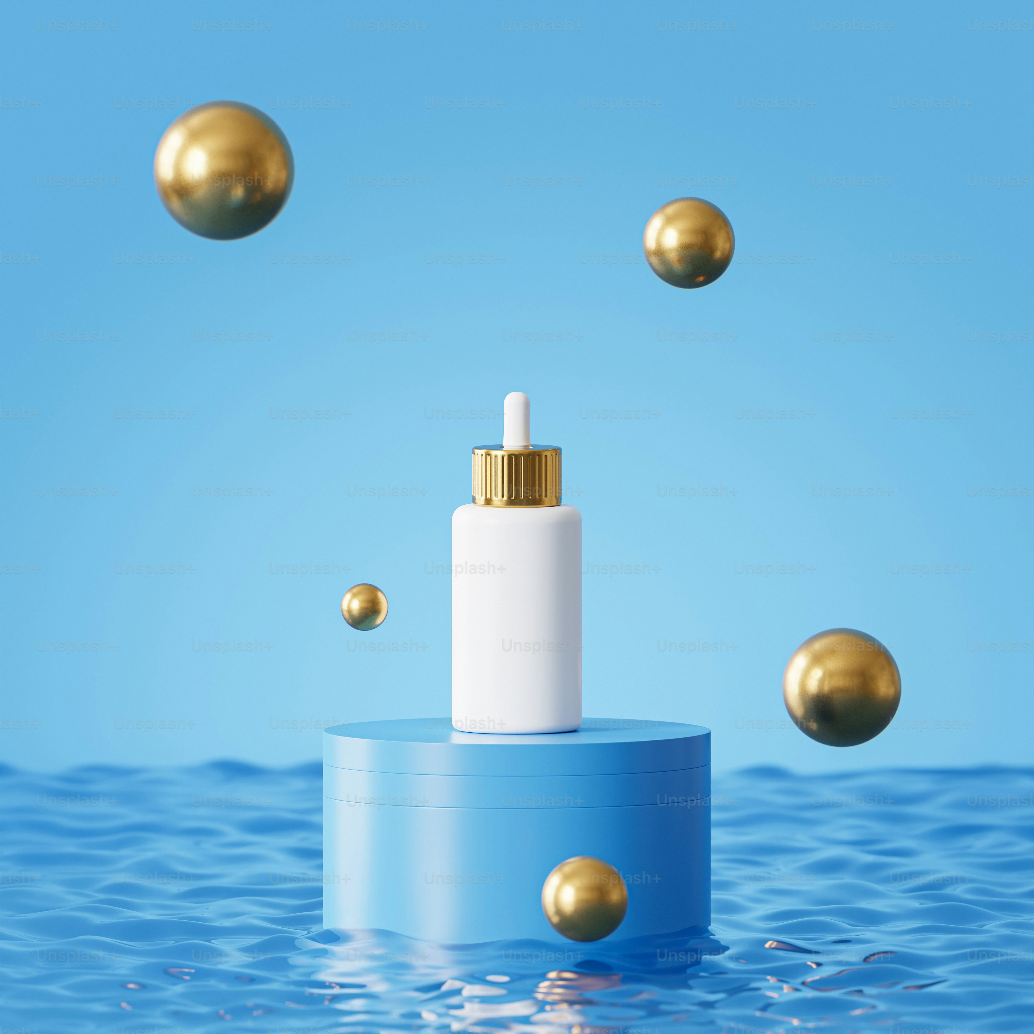 A bottle with a gold cap is floating in the water photo – Mockup Image ...