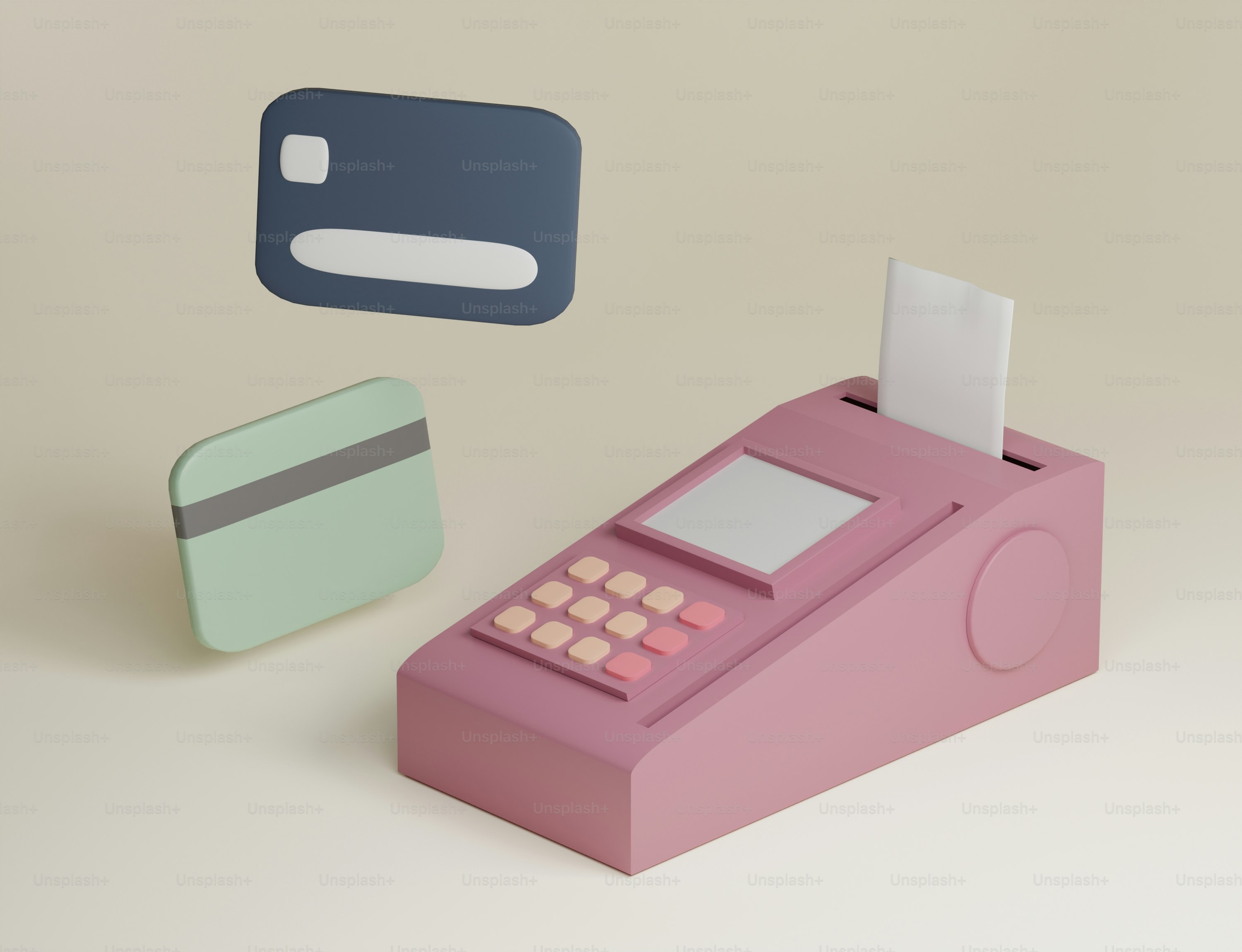 A pink cash register sitting next to a green and white object photo ...