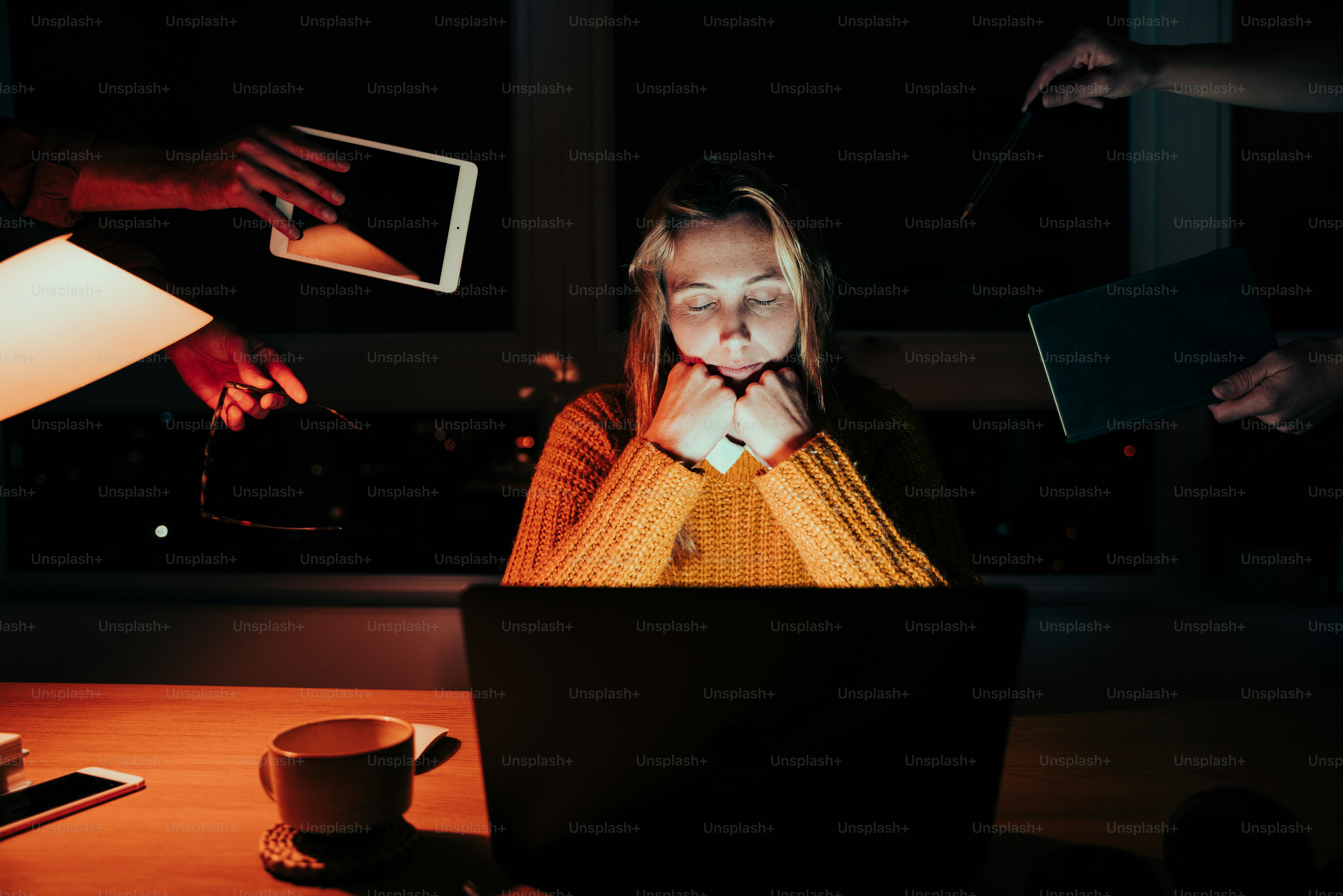 Caucasian female tired student working on. team project sitting at ...