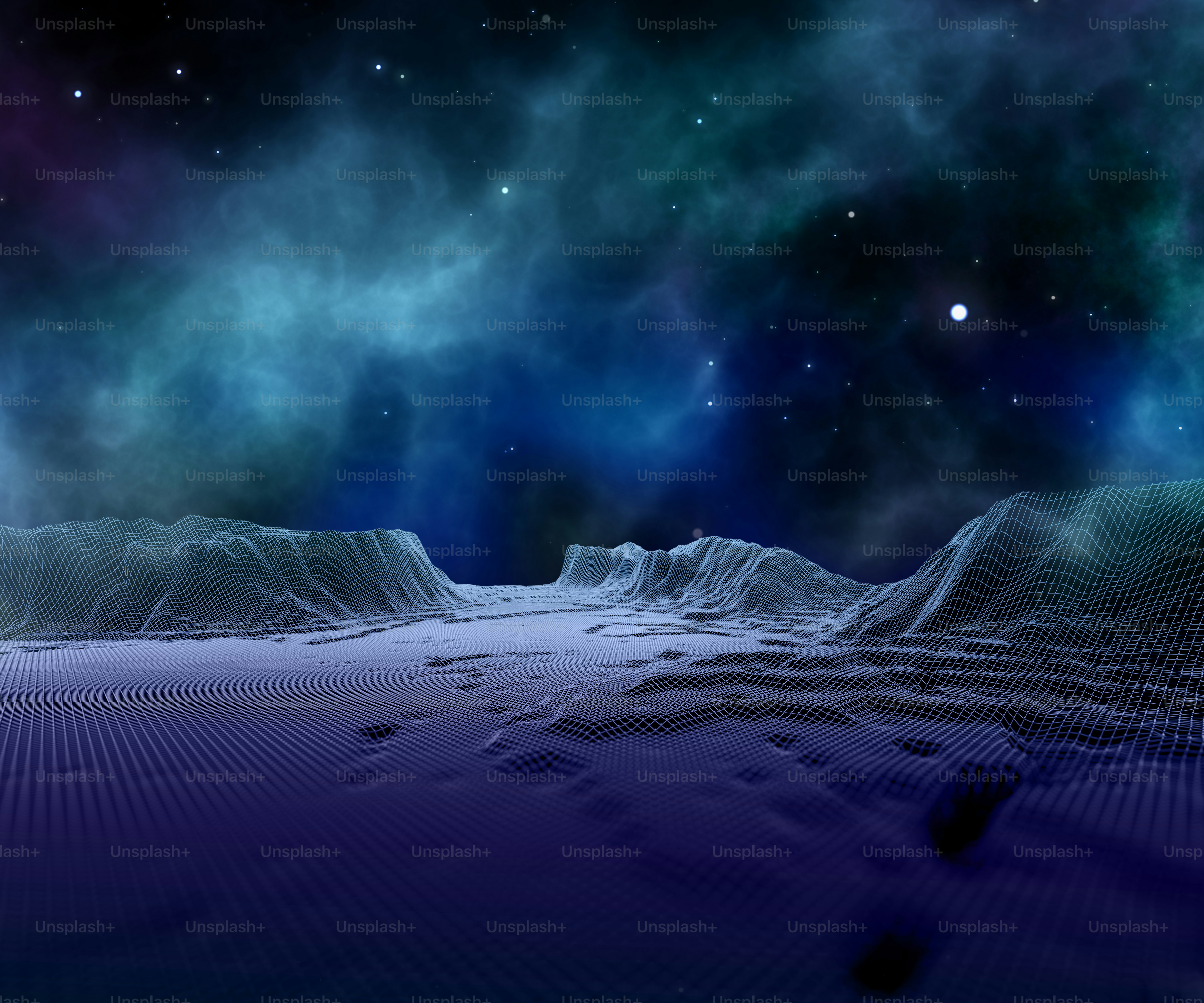 3D render of an abstract wireframe landscape against space sky photo ...