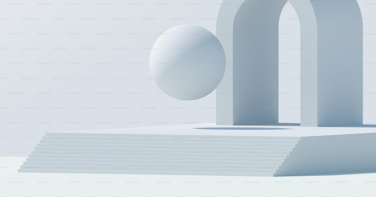アーチ、飛行球、階段を備えた最小限の幾何学的な静物画インスタレーション。3dレンダリングイラストの写真 Unsplashの単一オブジェクトの画像