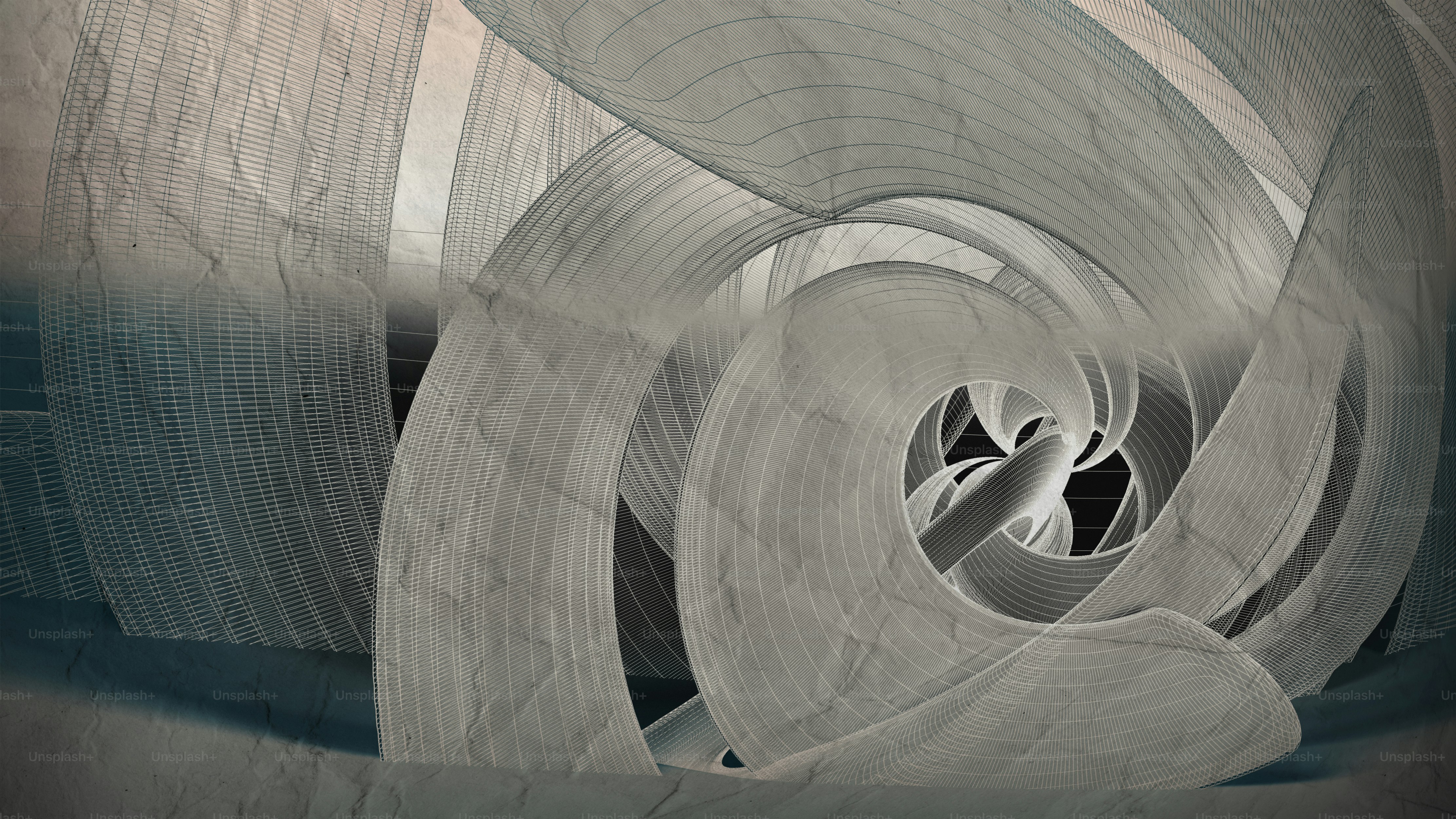 Abstract blueprint, cgi background with wire frame spiral installation ...