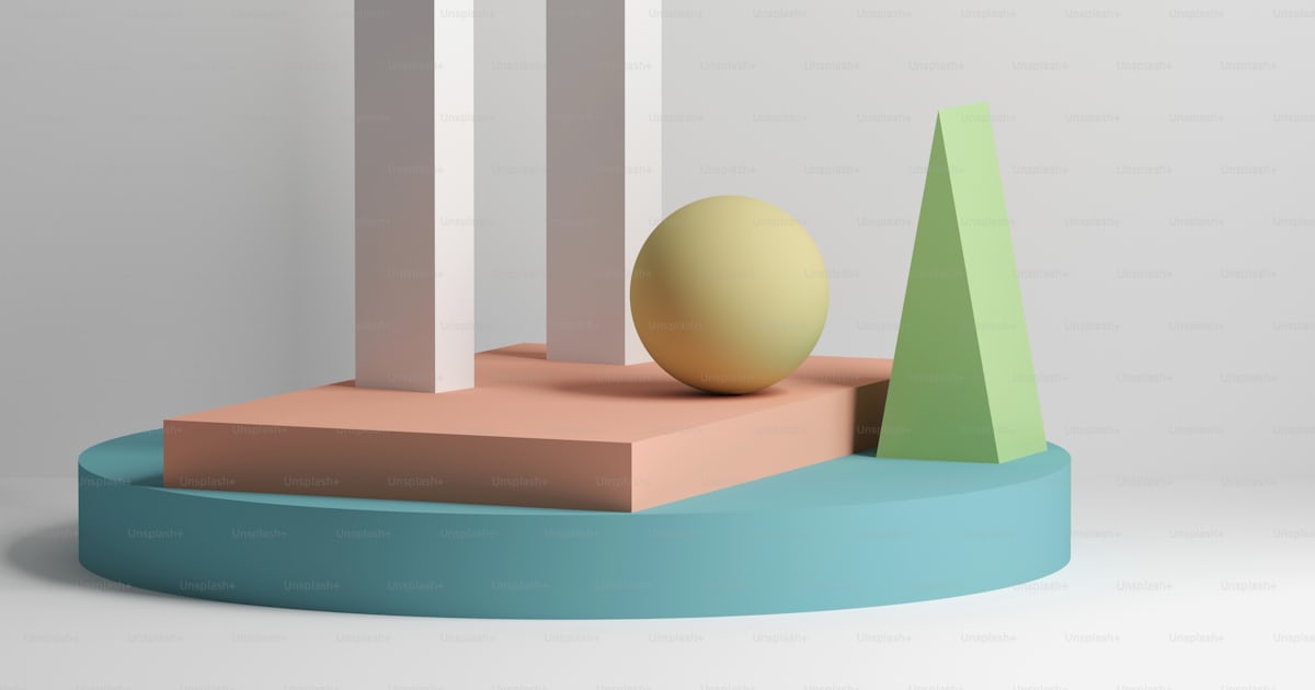 흰색 아치와 다채로운 원시 기하학적 모양이 있는 추상 정물 설치 3d 렌더링 그림 사진 Unsplash의 녹색 색상 이미지