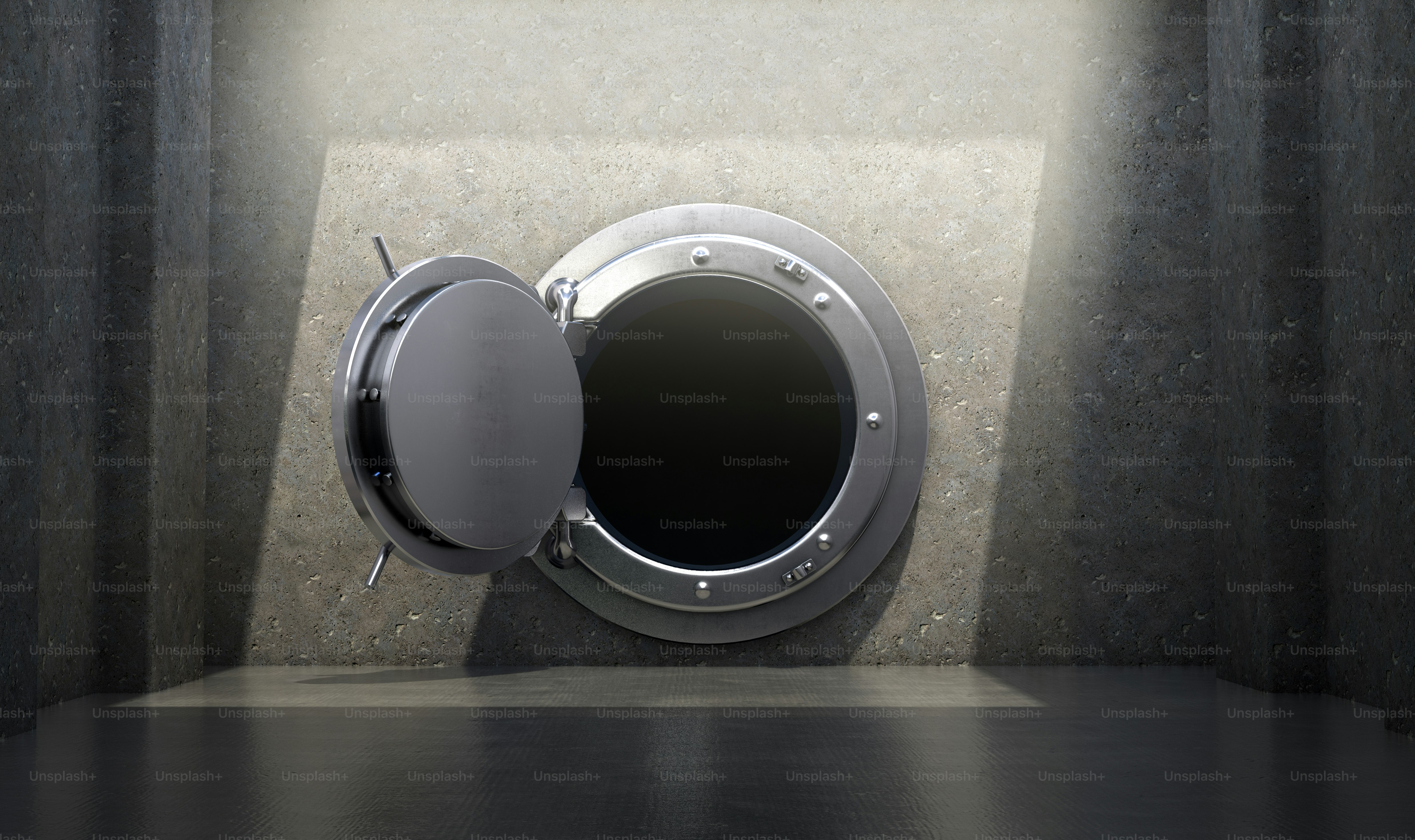 A concept of an open heavy metal walk in bank vault ina concret chamber ...