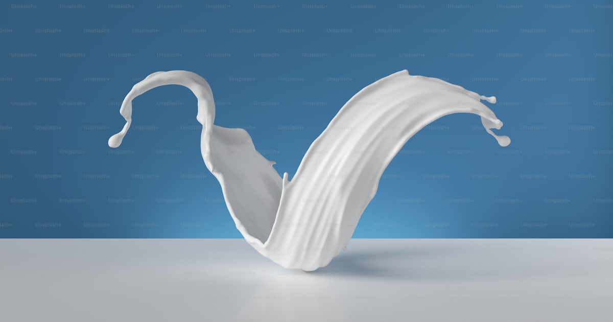 파란색 배경에 격리된 흰색 액체 스플래시의 3d 렌더링 우유 튀는 클립 아트 음료 디자인 요소 물결 모양의 제트기