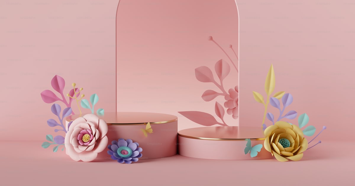 3d 렌더링 꽃 장식이 있는 추상 분홍색 배경 빈 연단 화려한 종이 꽃 둥근 아치 럭셔리 패션 디자인 상점 쇼케이스