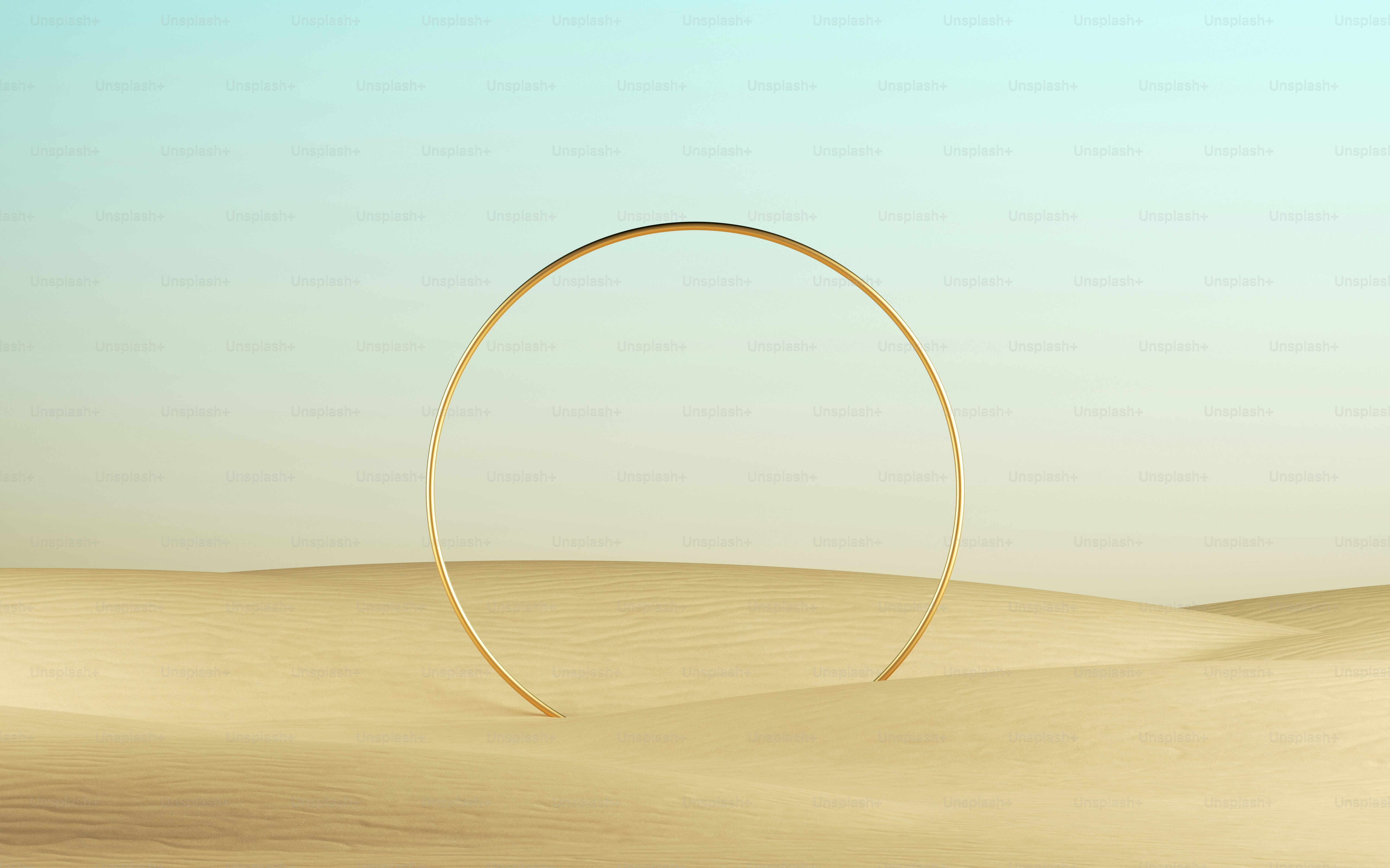 3d render, golden ring round frame on a desert landscape, abstract ...