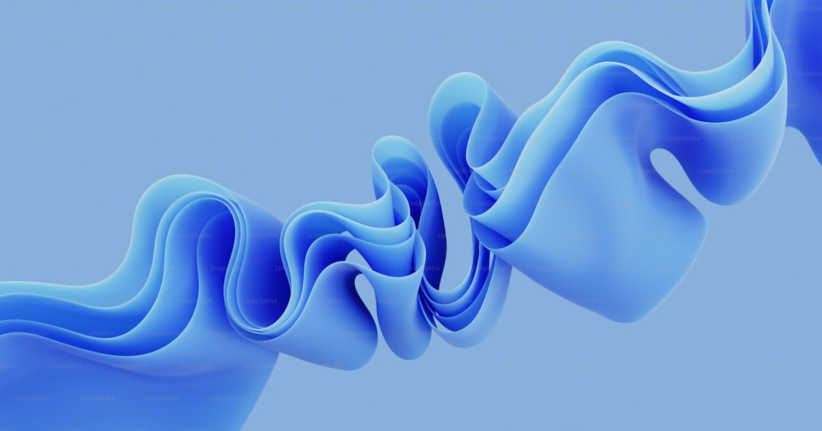 3d 렌더링 추상 현대 파란색 배경 접힌 리본 매크로 물결 모양의 레이어와 주름 장식이 있는 패션 벽지 사진