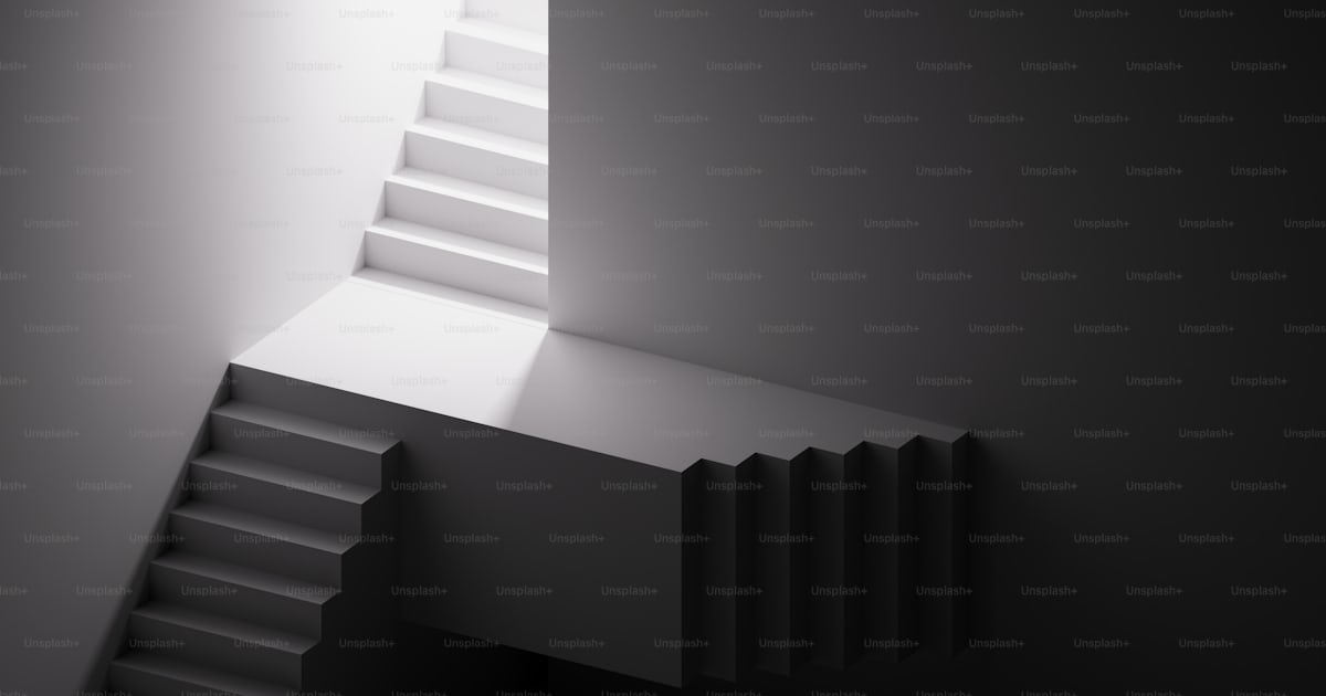 3dレンダリング、階段と階段を持つミニマリストの建築背景。幾何学的な壁紙の写真 Unsplashの三次元の画像