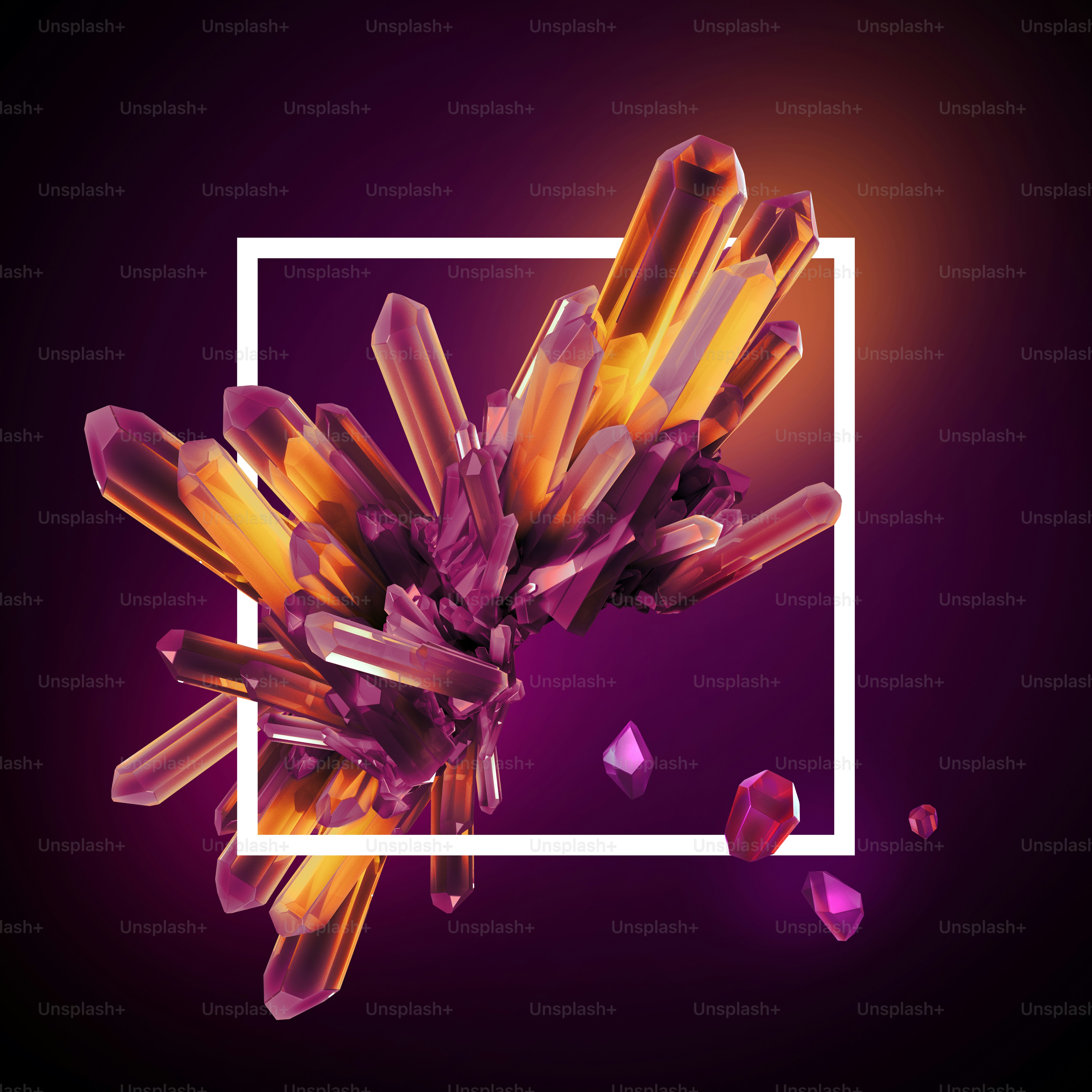 3d render, digital illustration, abstract crystals in square frame ...