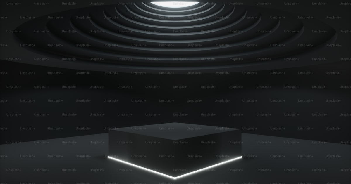 3d 렌더링 검은 추상 배경 쇼케이스 플랫폼 모형 흰색 천장 조명 빈 어두운 방 사각형 스탠드 연단 사진