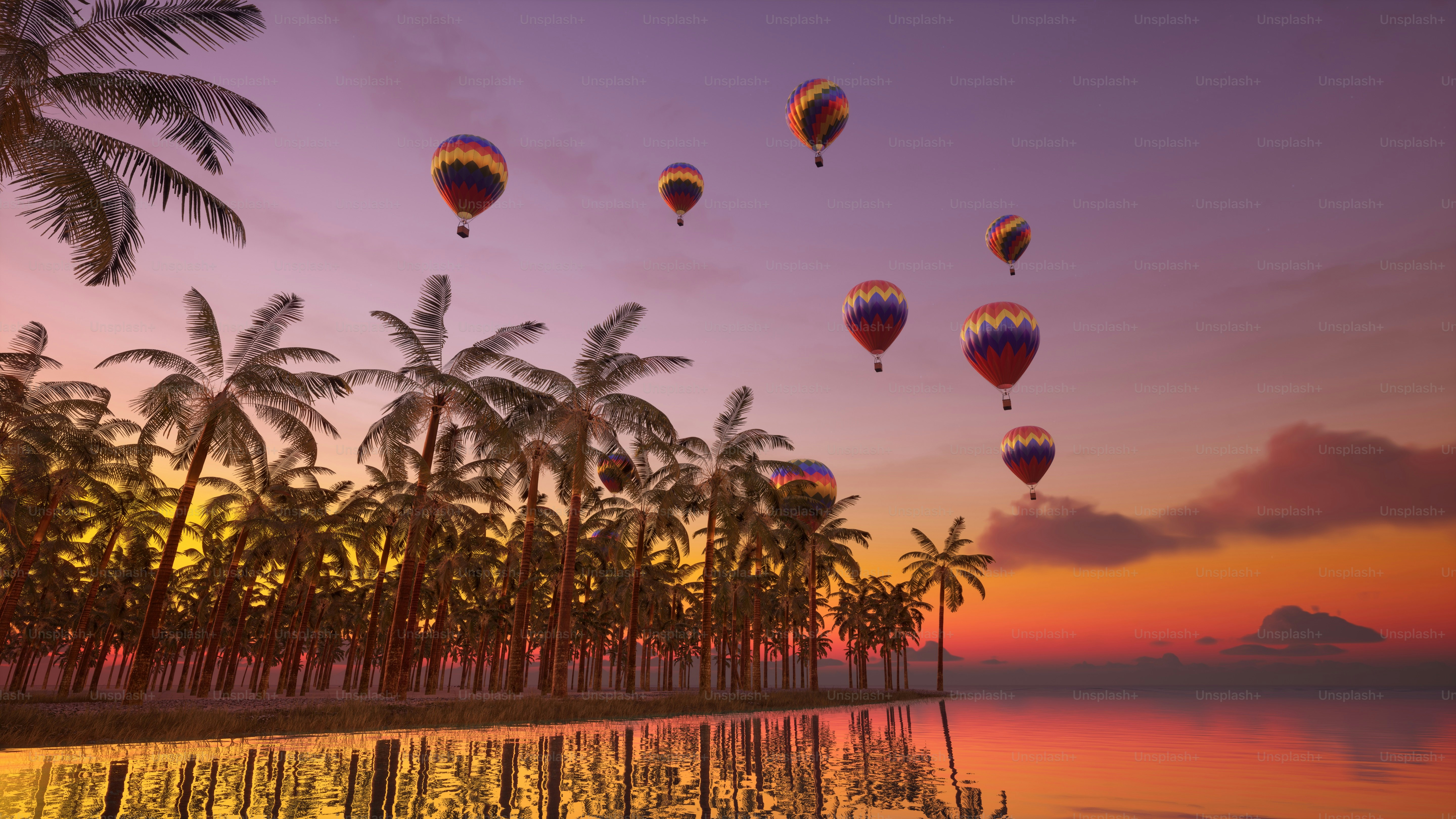 A group of hot air balloons flying over a small island photo ...