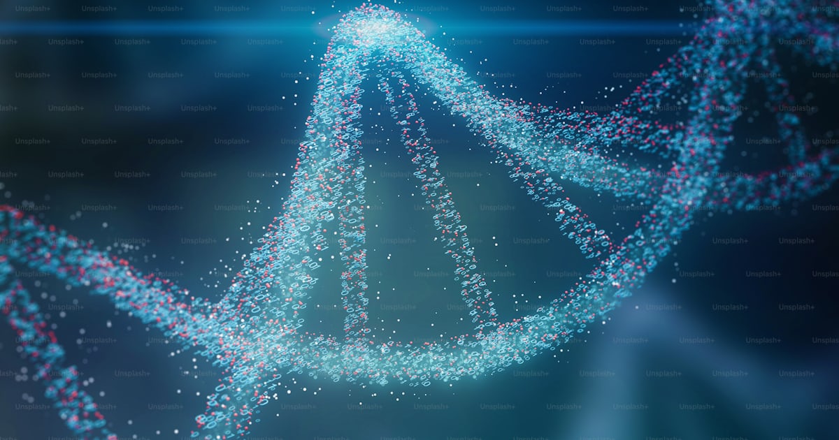파란색과 빨간색 입자 Dna 나선이 짙은 파란색 배경 위에 빛나고 있습니다 유전학 과학 및 의학의 개념 생명 공학 3d