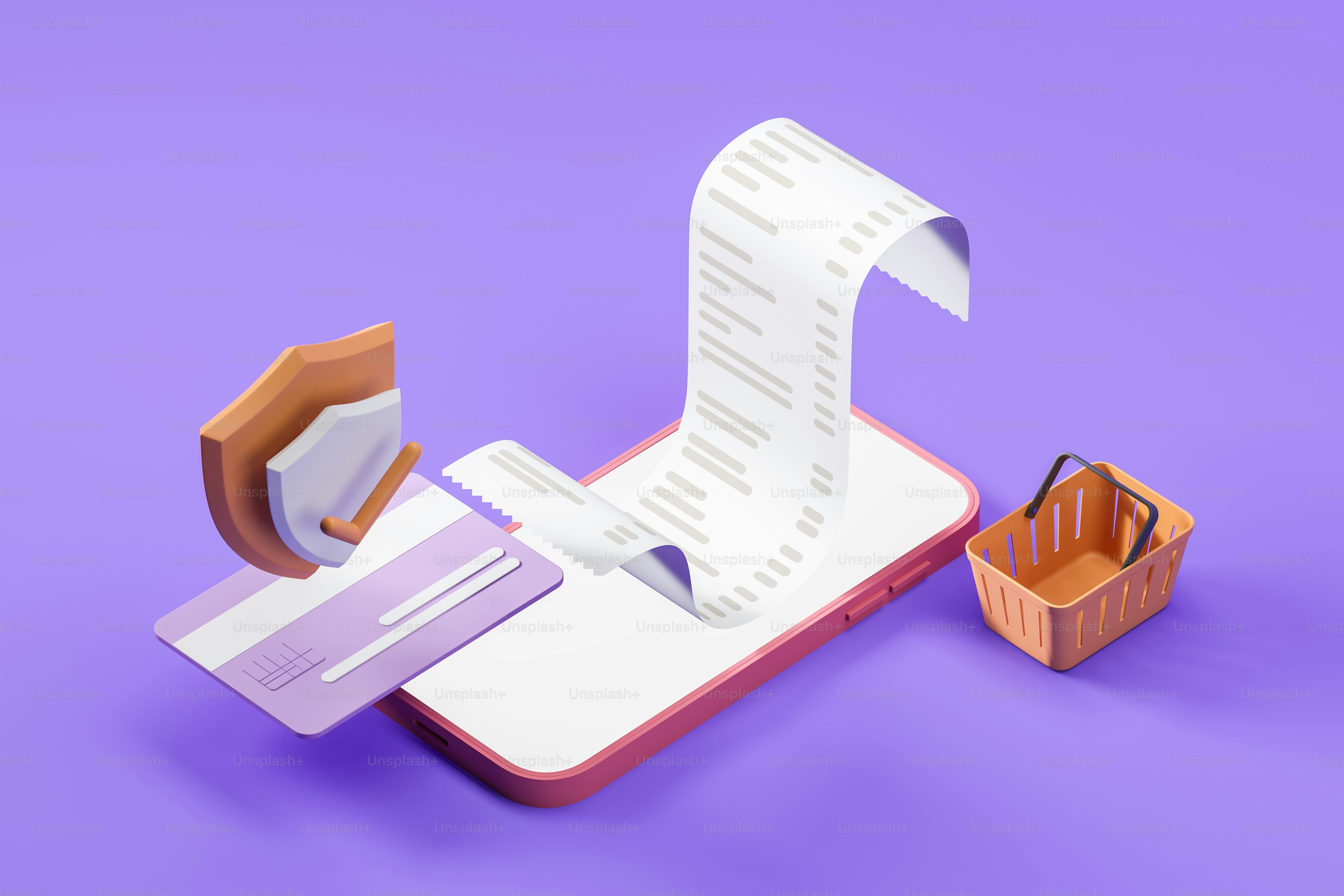 Smartphone, receipt, violet credit card and orange shield with check ...
