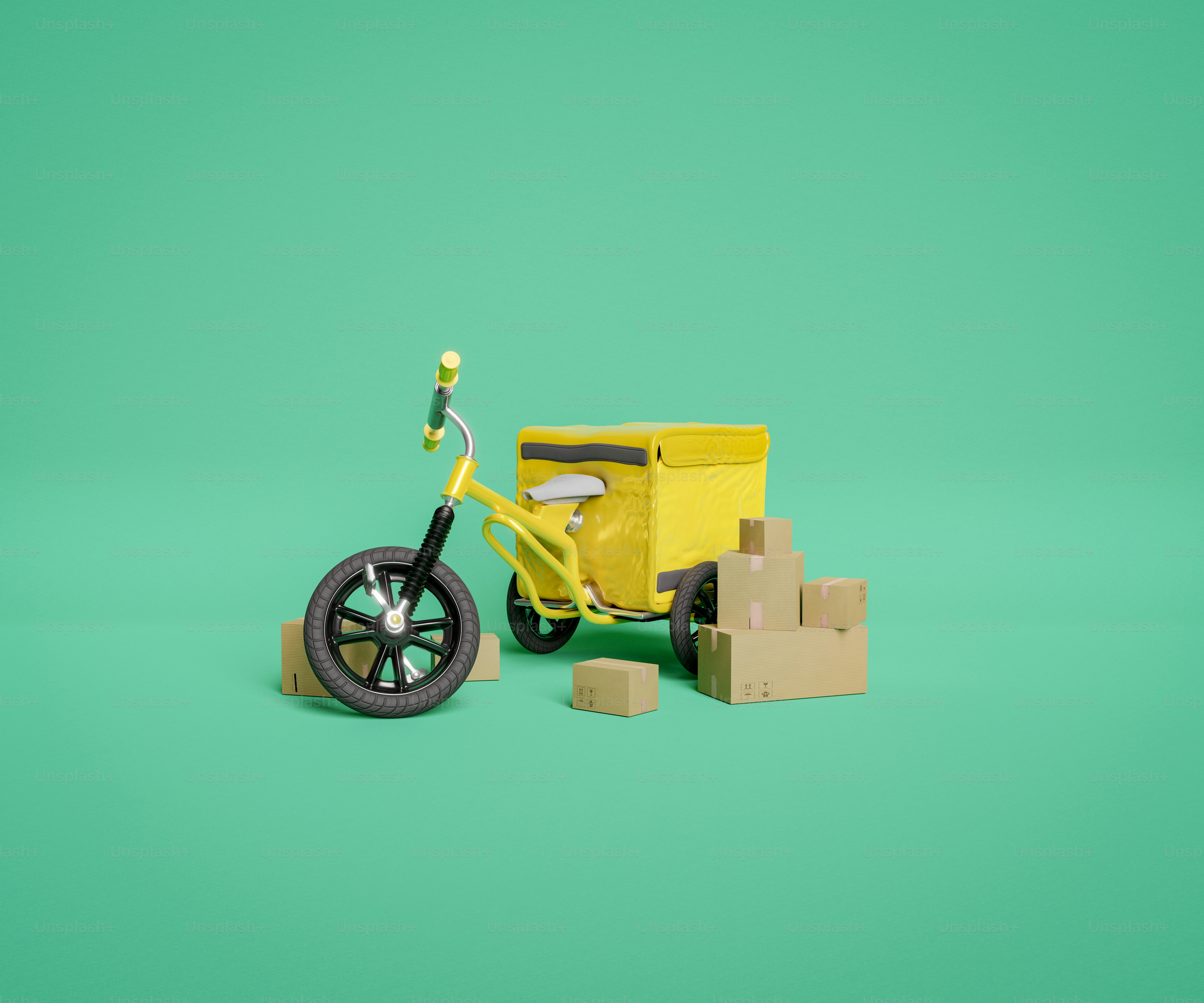 Yellow children's tricycle with delivery backpack and cardboard boxes ...