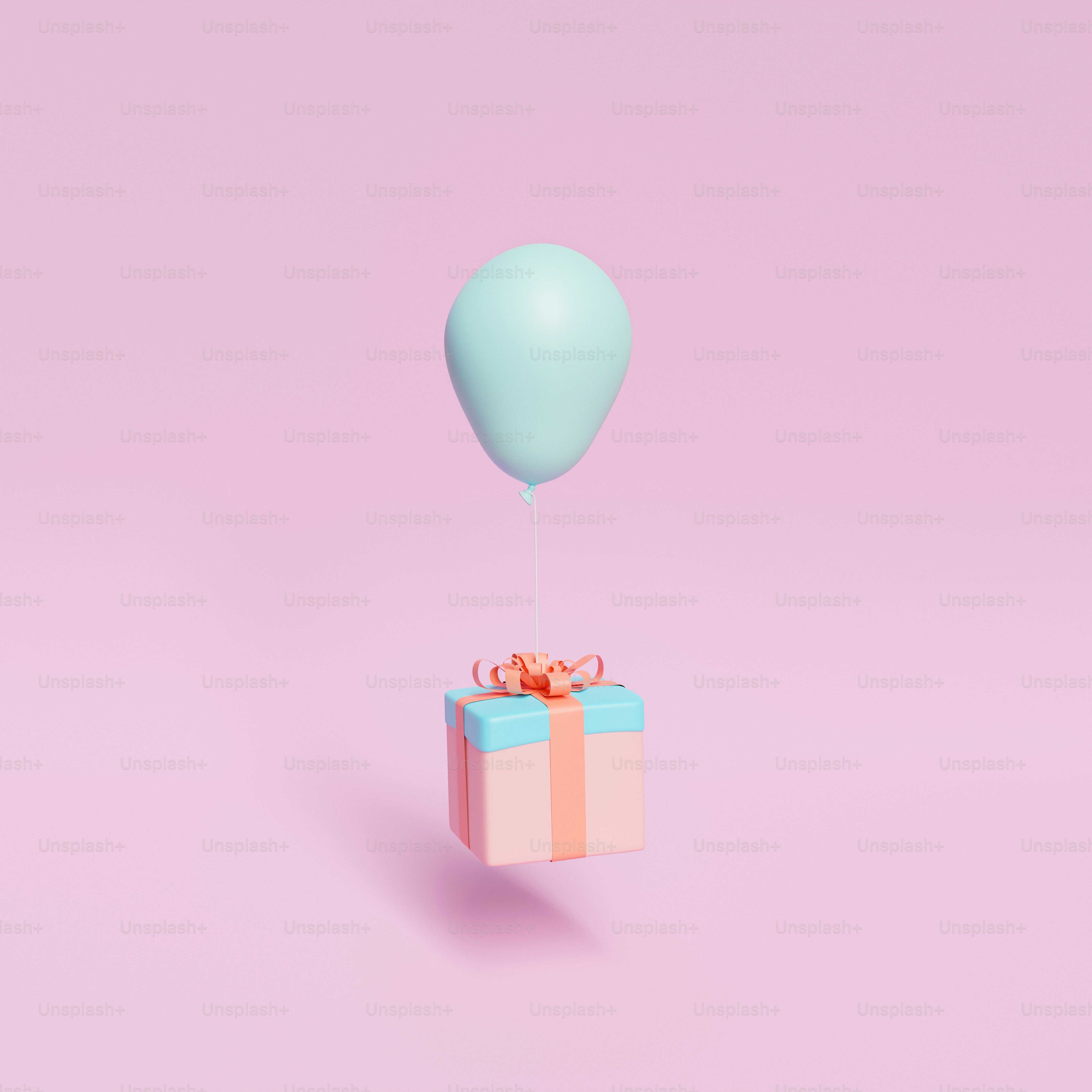 Gift floating with a balloon tied. 3d rendering photo – Birthday ...