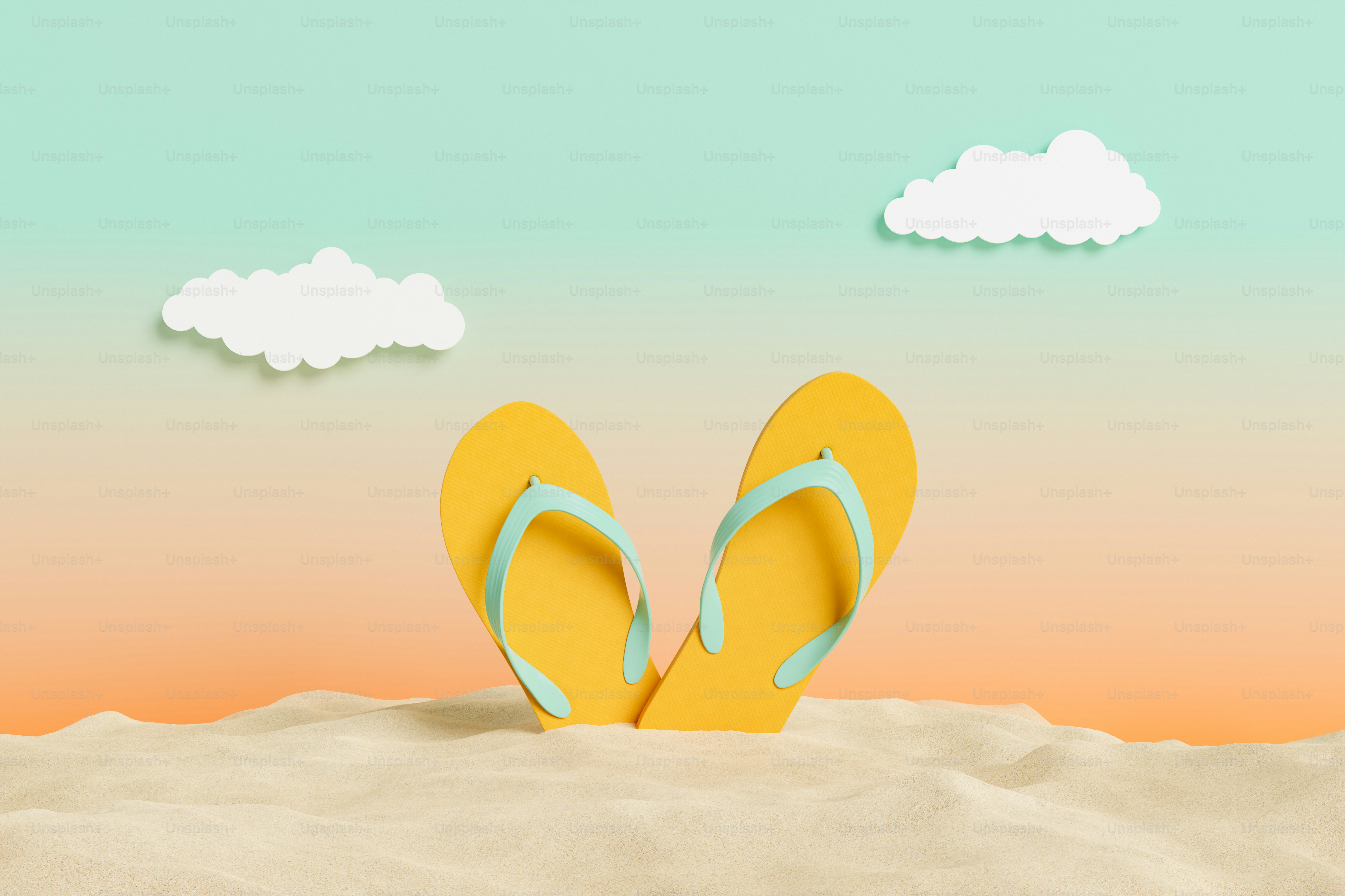 Flip flops on beach sand with sunset studio background and artificial ...