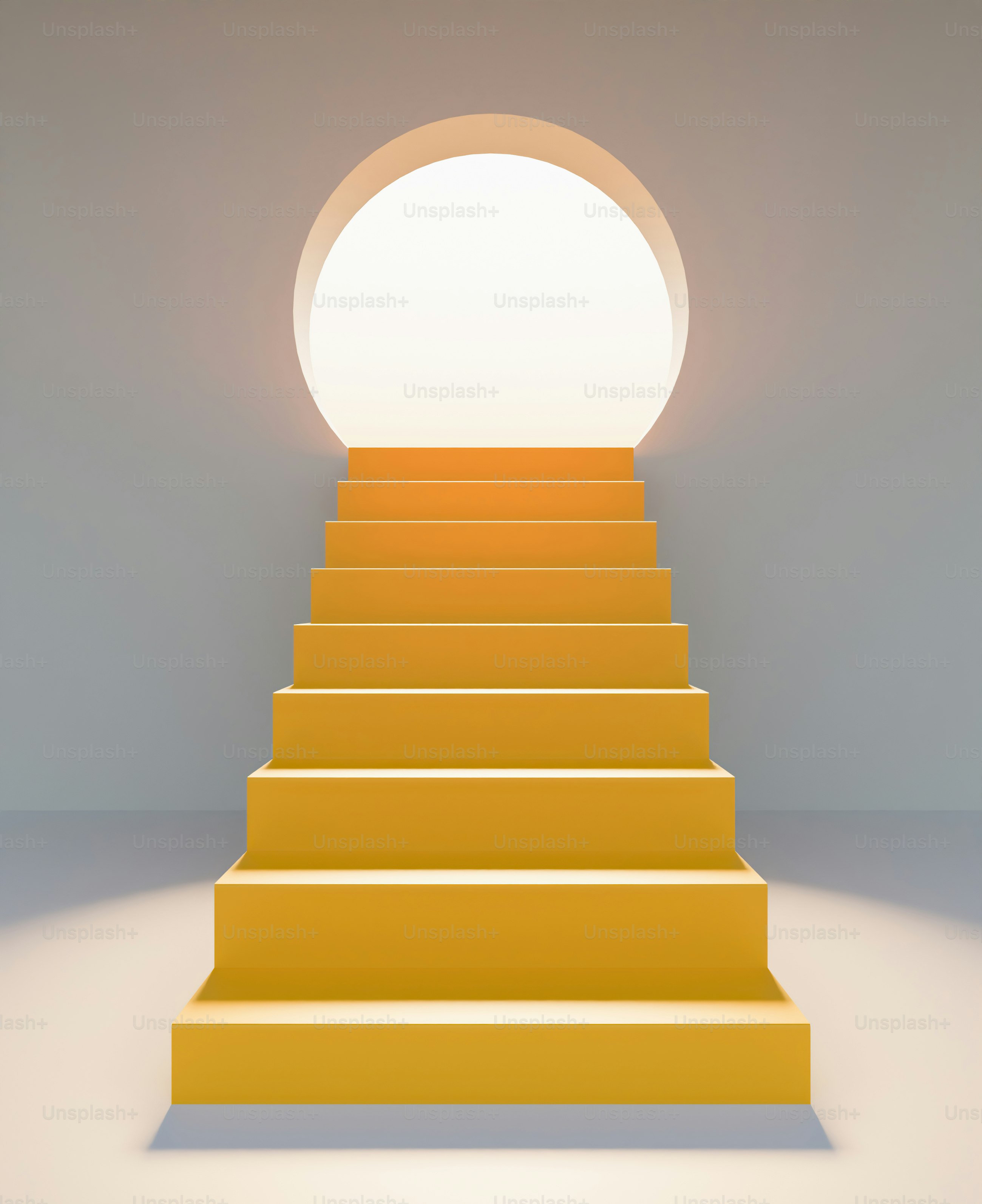 Abstract yellow stairs in front with a round door illuminated with sun ...